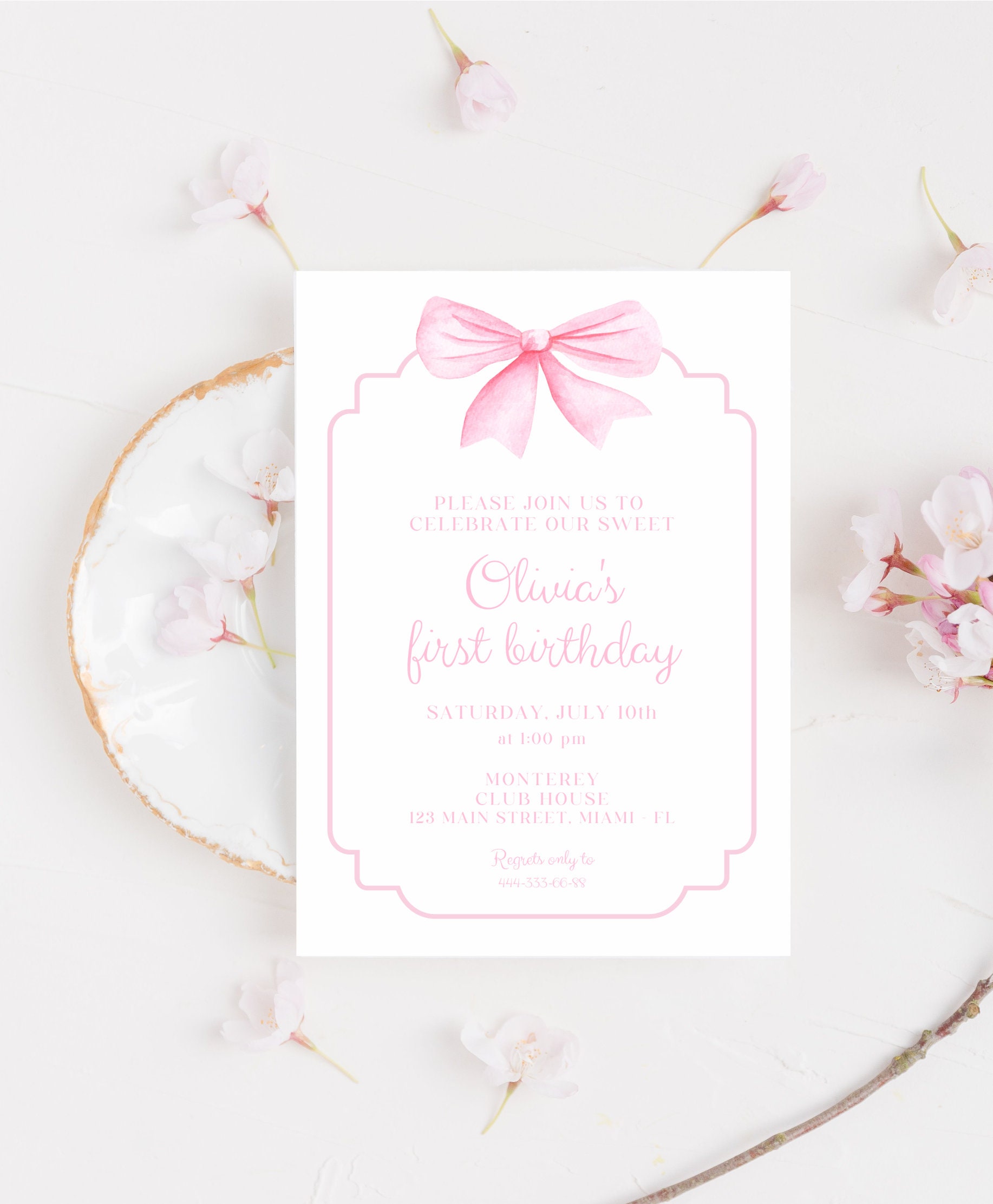 Pink Bow First Birthday Invitation Girl 1st Birthday - Etsy