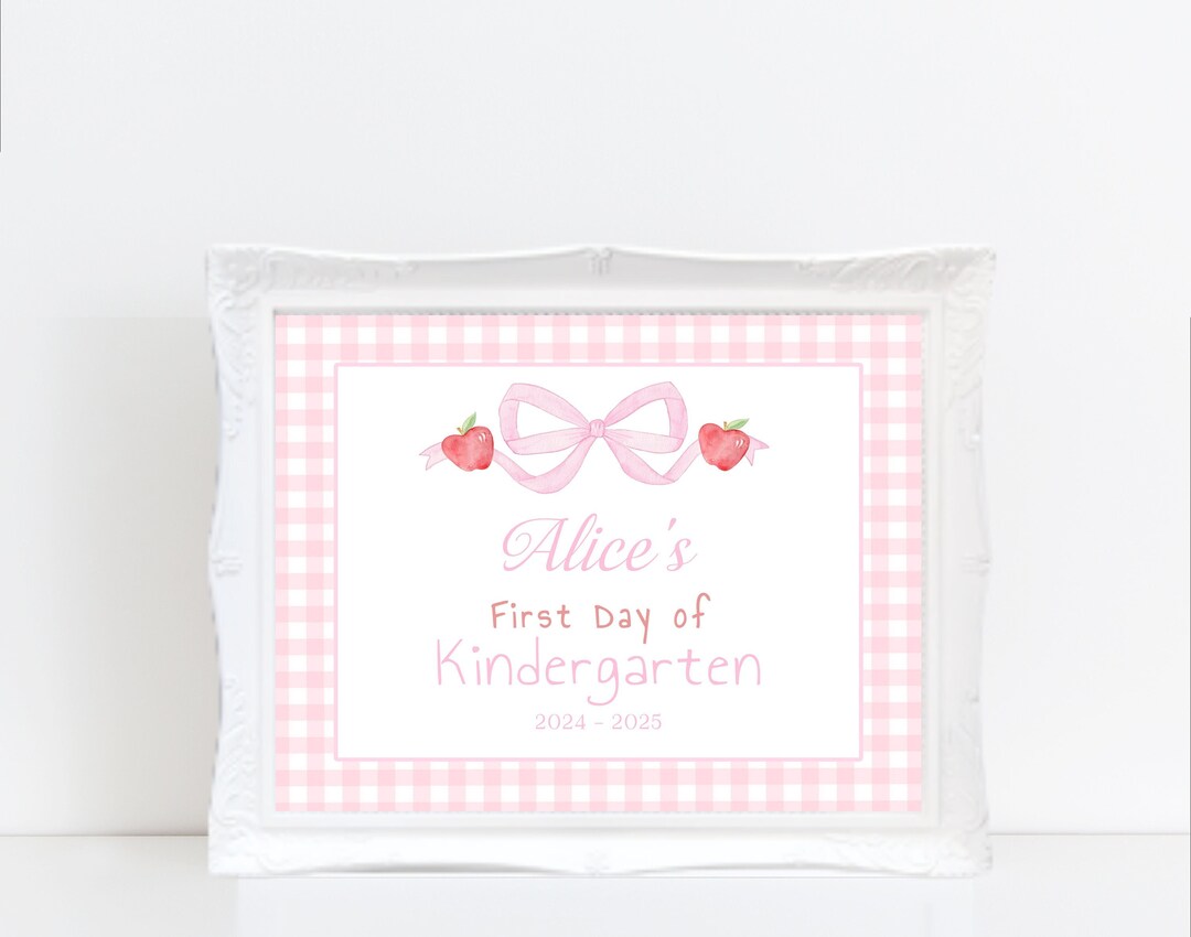 Pink Gingham First Day of School Sign, Watercolor Back to School Sign ...