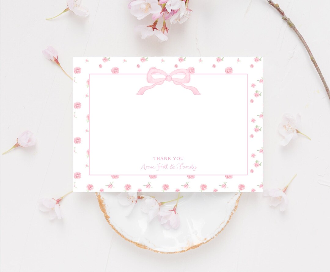 Birthday Thank You Note Cards, Girl Birthday Stationery, Pink Bow ...