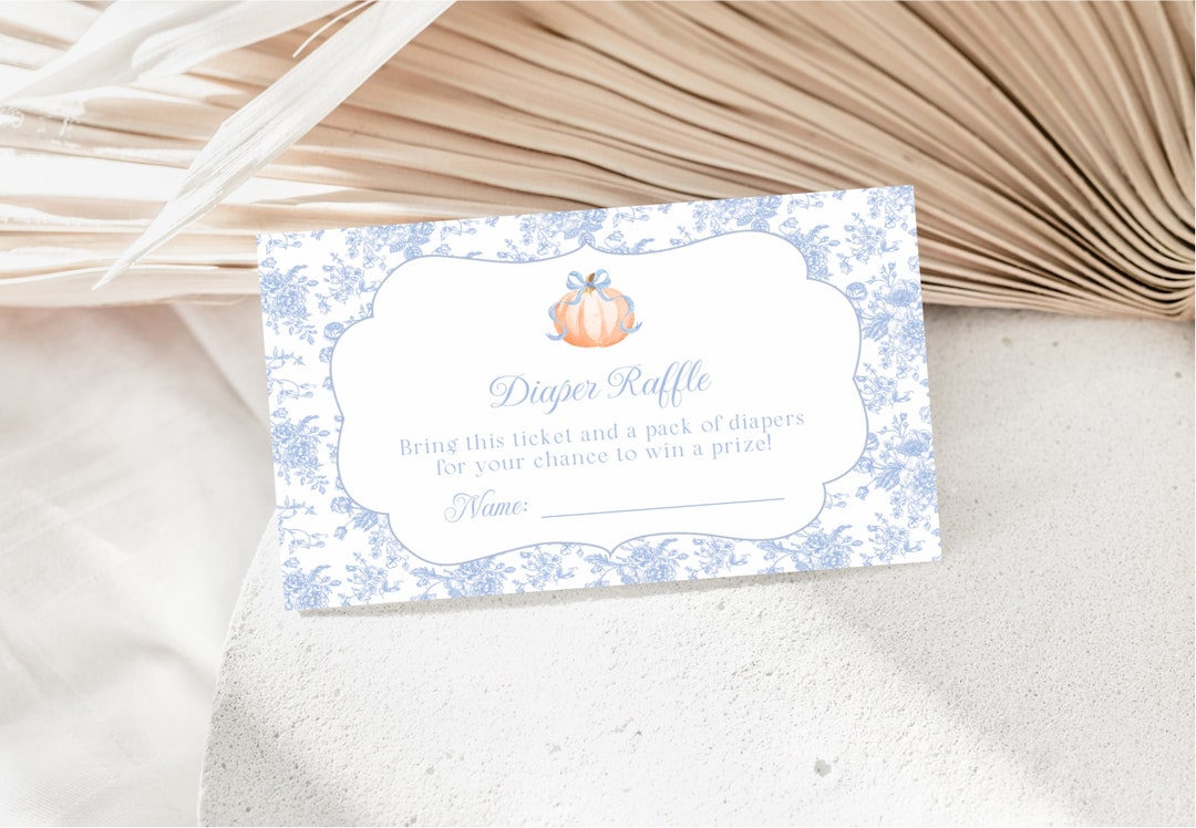 Pumpkin Diaper Raffle Card, Blue Chinoiserie Baby Shower, Fall Diaper ...