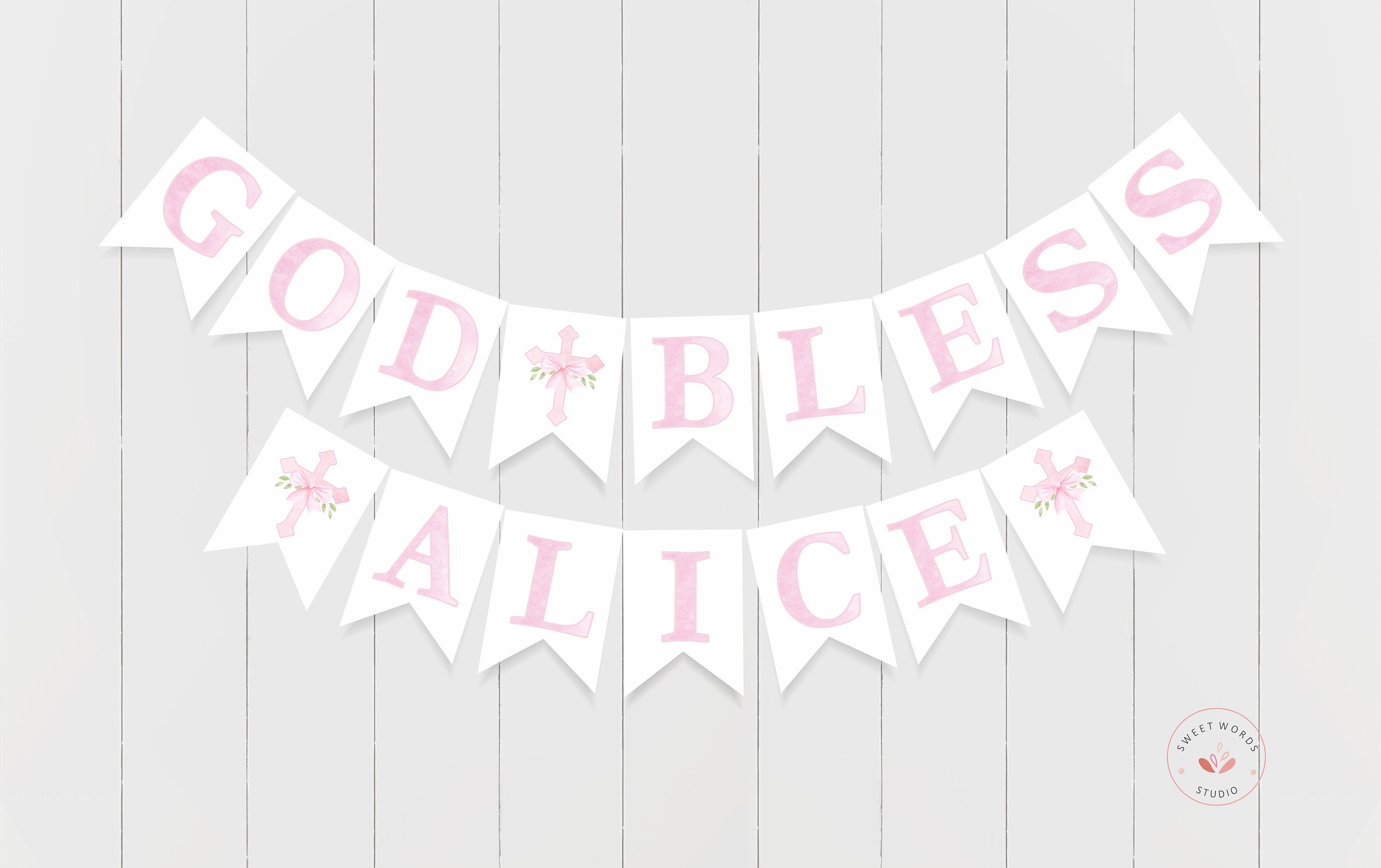 Watercolor Baptism Banner, Pink Cross, God Bless Baptism Banner, First ...