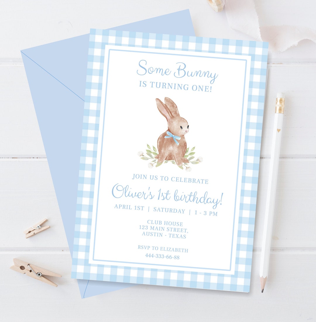 Gingham Some Bunny is One Birthday Invitation, Boy 1st Birthday Invite ...
