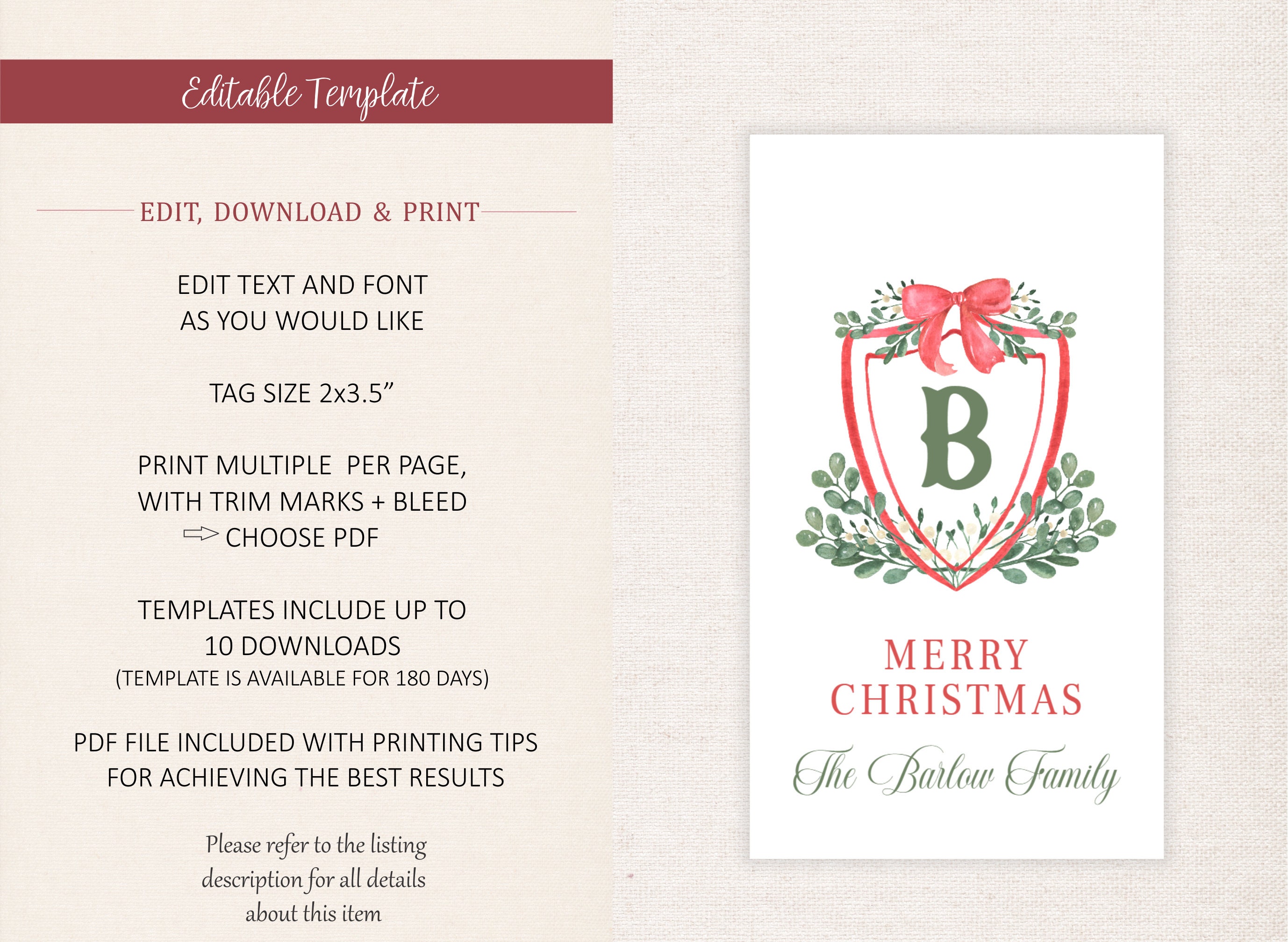 Printable Monogram Christmas Gift Tags, Holiday Gift Tag, Merry ...