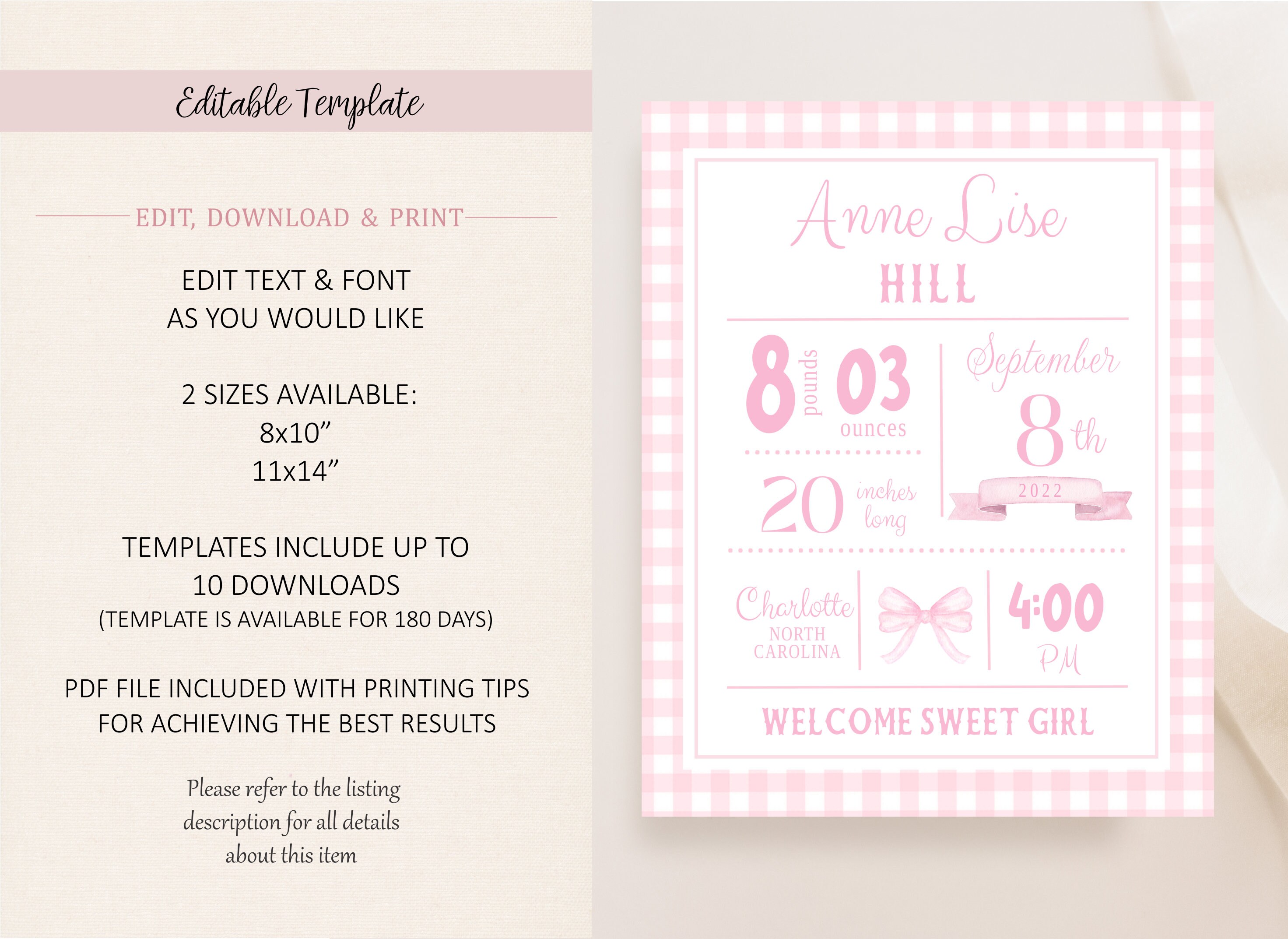 Baby Girl Birth Stats Sign, Printable Birth Announcement Sign, Pink Bow ...