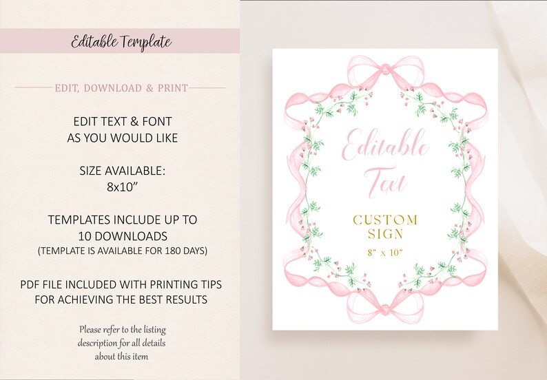 Watercolor Pink Bow Baby Shower Sign, Editable Sign 8x10, Girl Floral ...