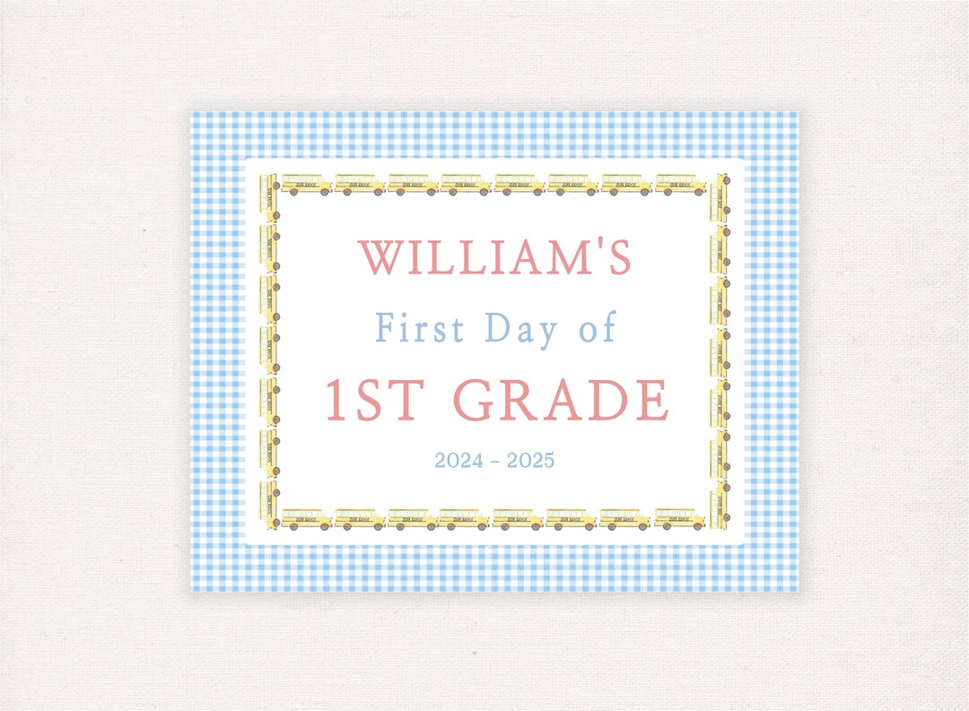 Blue Gingham First Day of School Sign, Watercolor Back to School Sign ...