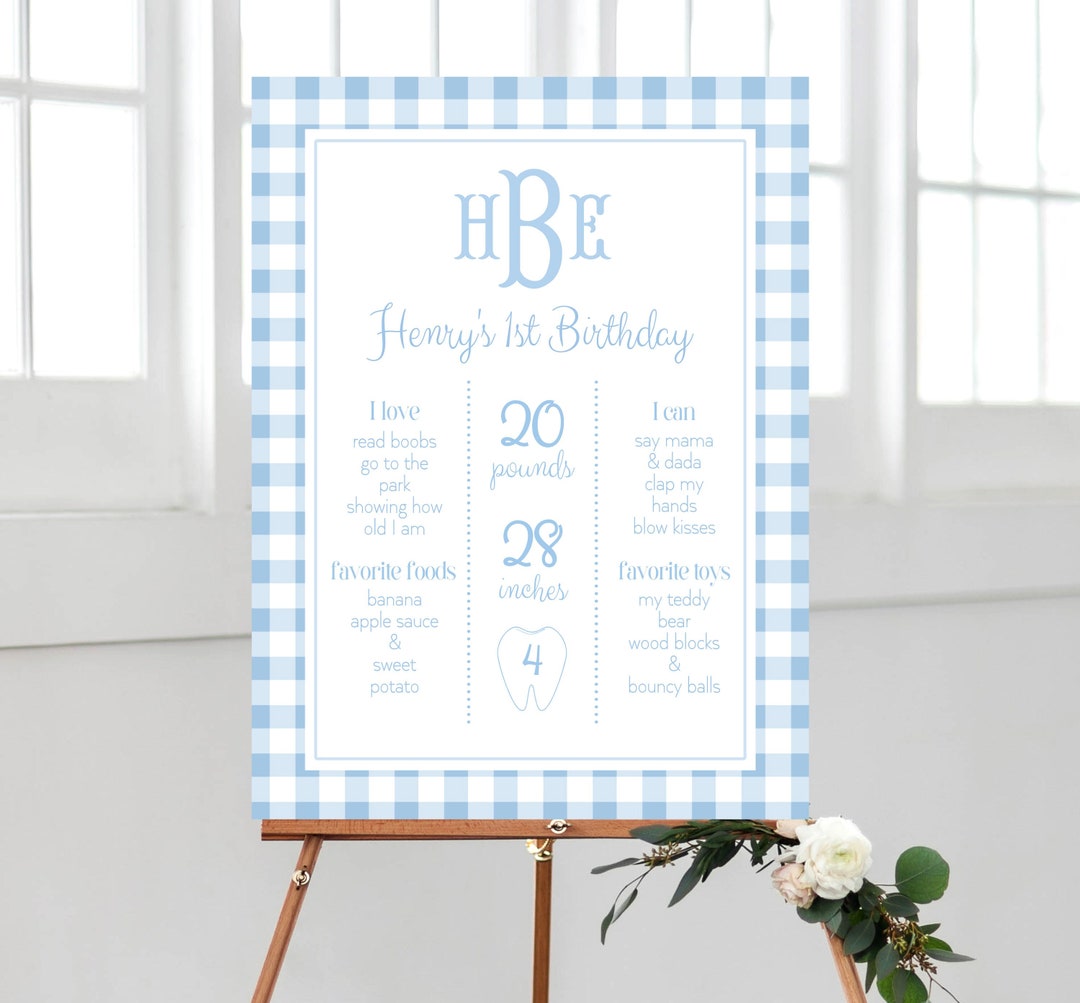 Boy Monogram First Birthday Milestone Sign, Blue Gingham Birthday Decor ...