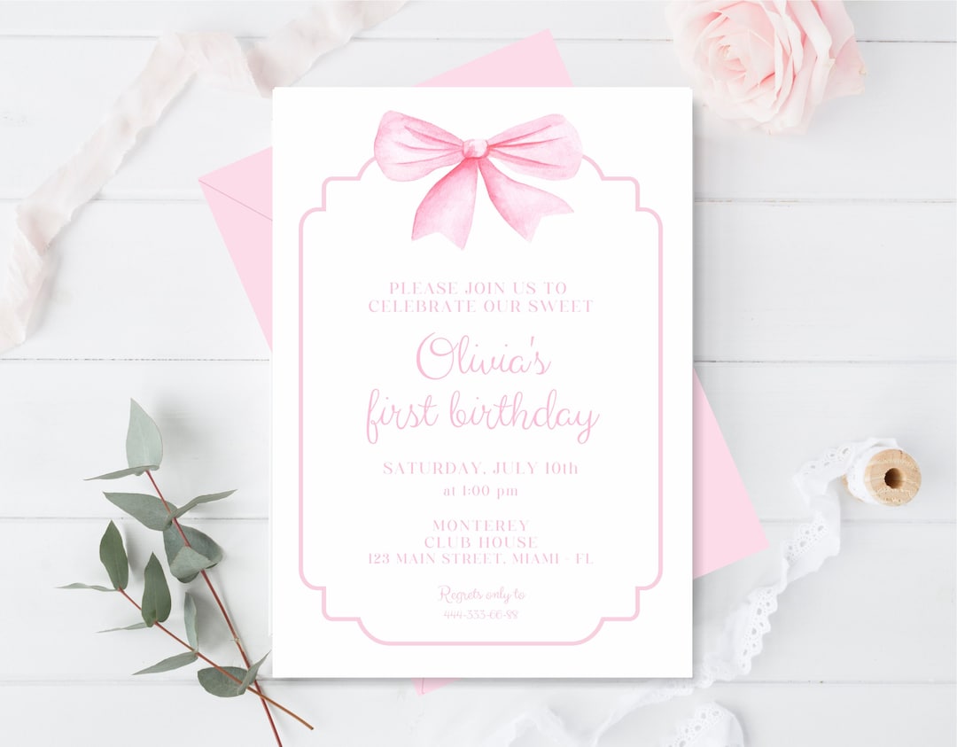 Pink Bow First Birthday Invitation, Girl 1st Birthday Decoration, Pink ...