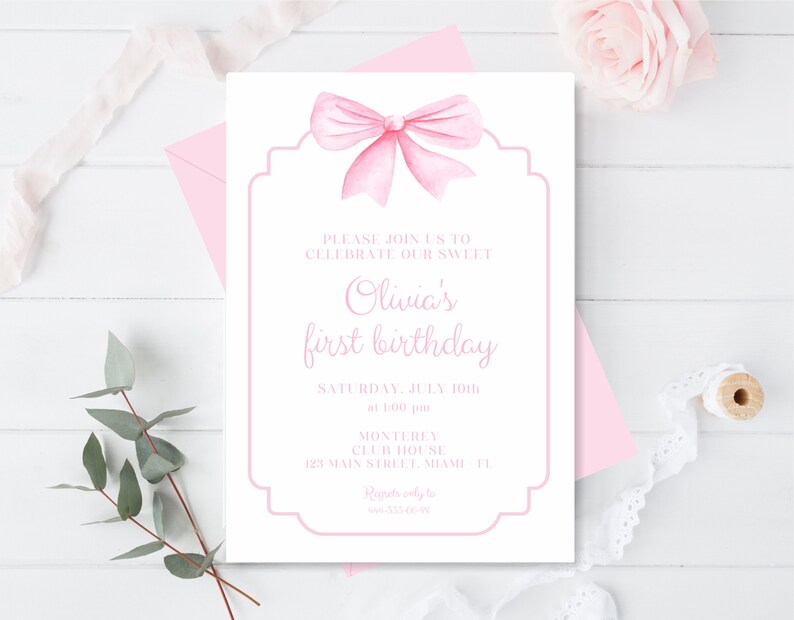 Pink Bow First Birthday Invitation Girl 1st Birthday - Etsy