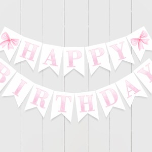 Pink Bow Happy Birthday Banner, Printable Download, Baby Name Banner ...