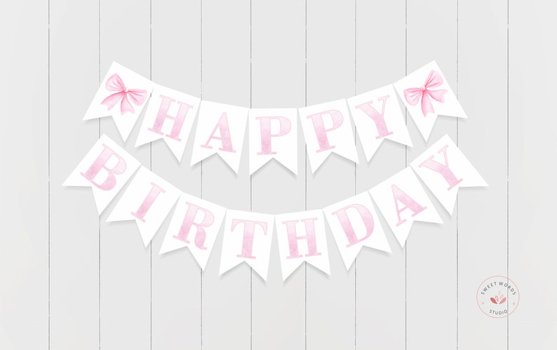 Pink Bow Happy Birthday Banner Printable Download Baby Name - Etsy