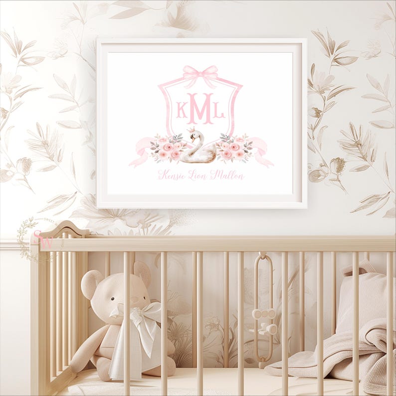 Swan Nursery Print, Monogram Wall Art, Personalized Initial, Ballerina ...