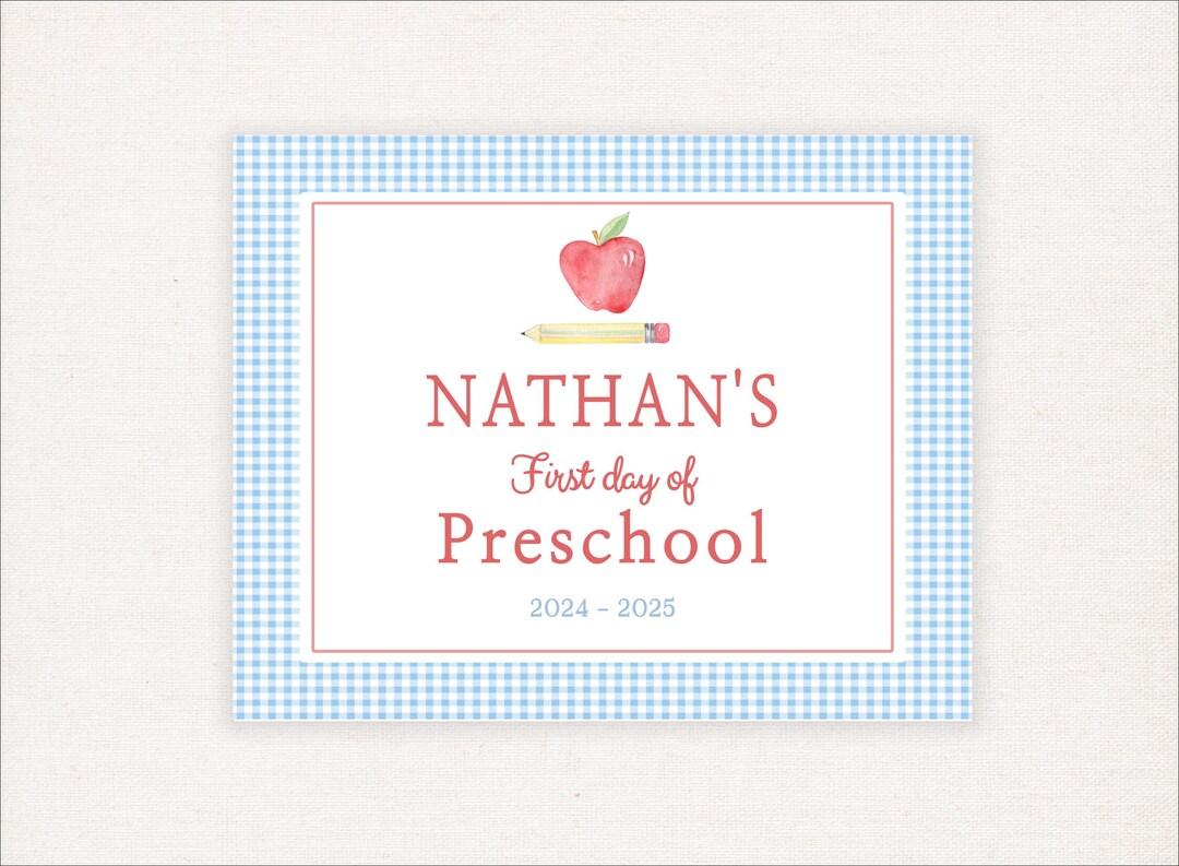 Blue Gingham First Day of School Sign, Watercolor Back to School Sign ...