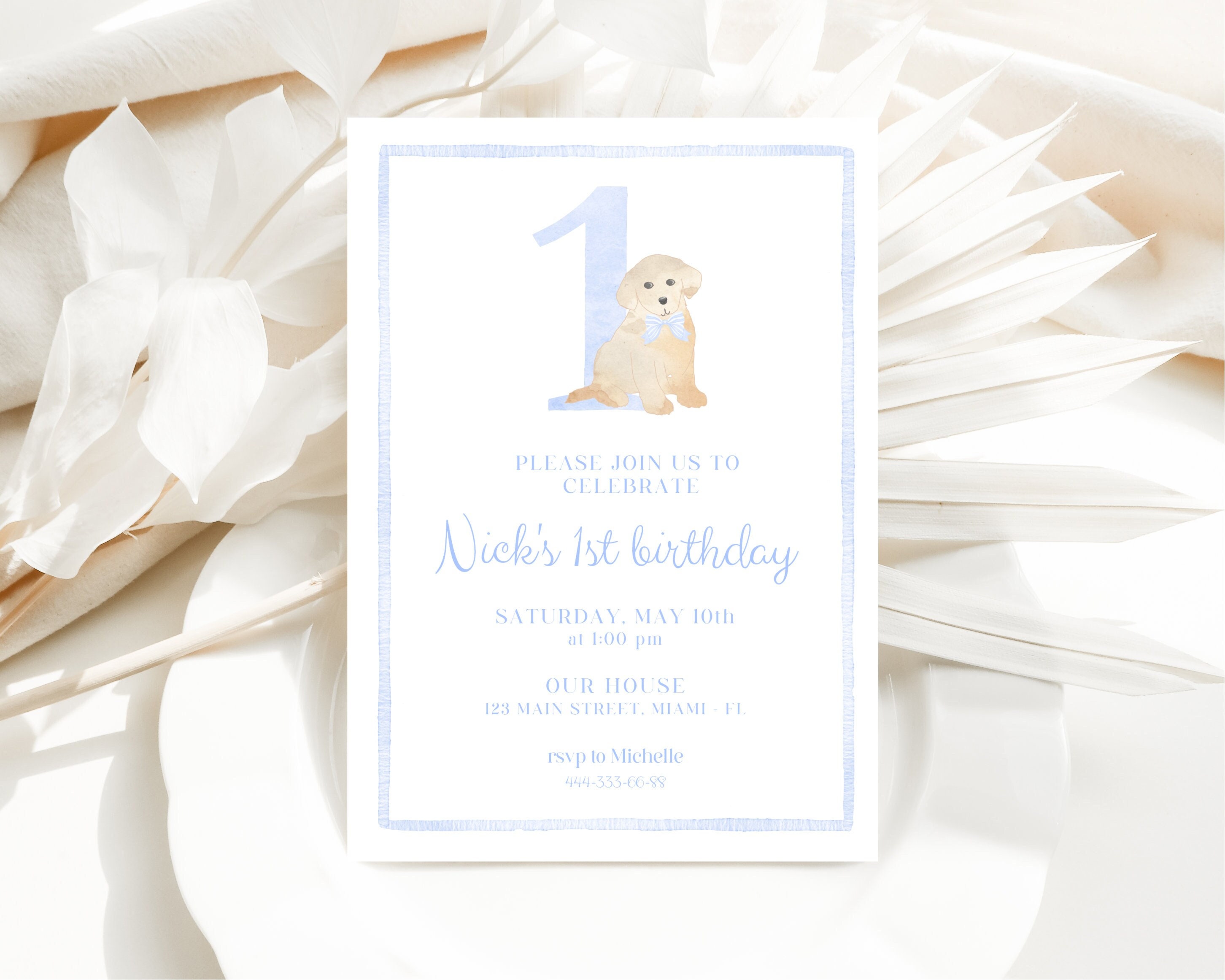 Boy Puppy First Birthday Invitation, Watercolor Puppy Birthday Invite ...