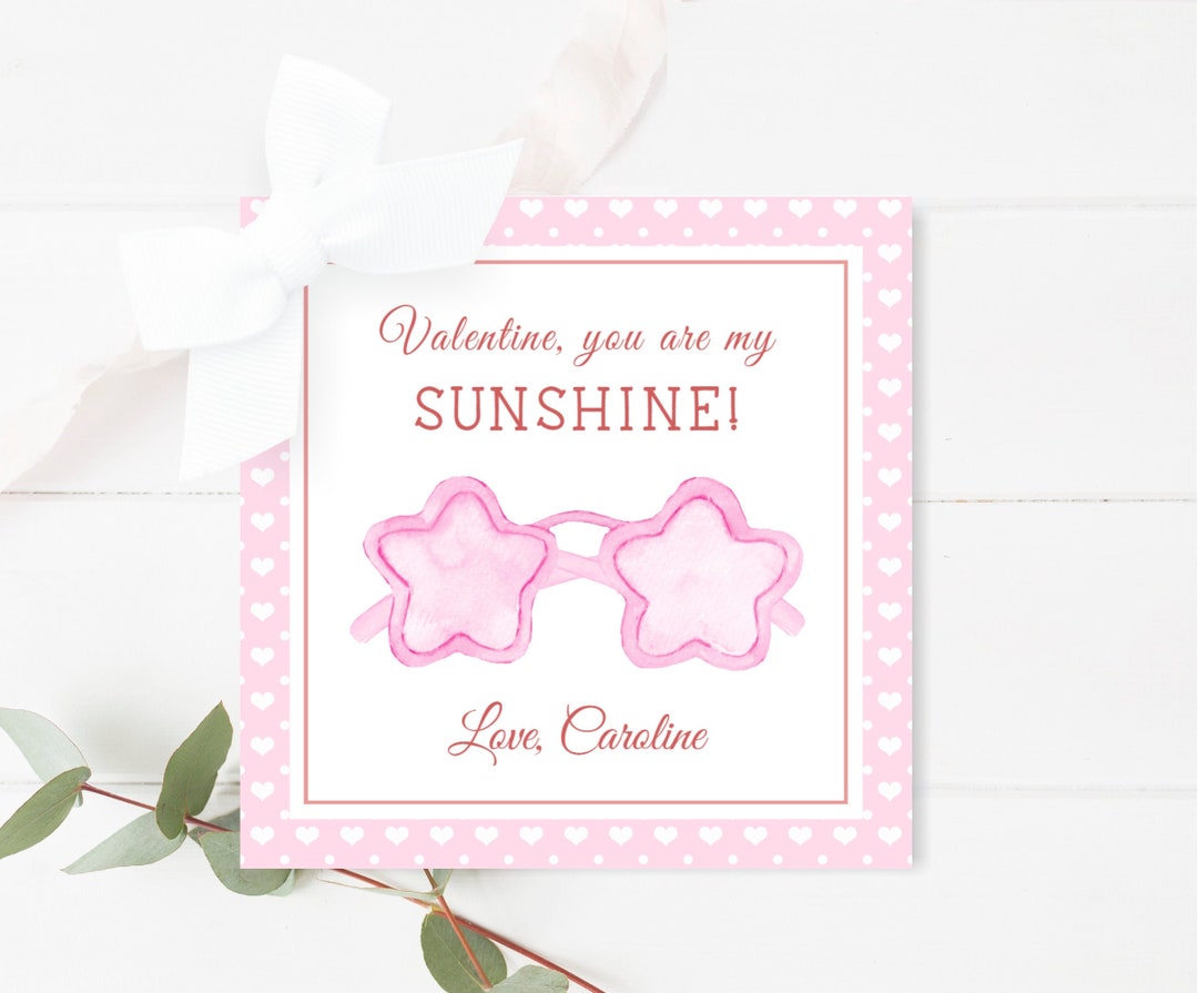 Sunglasses Valentine Tag, You Are My Sunshine Valentine Day Card, Pink ...