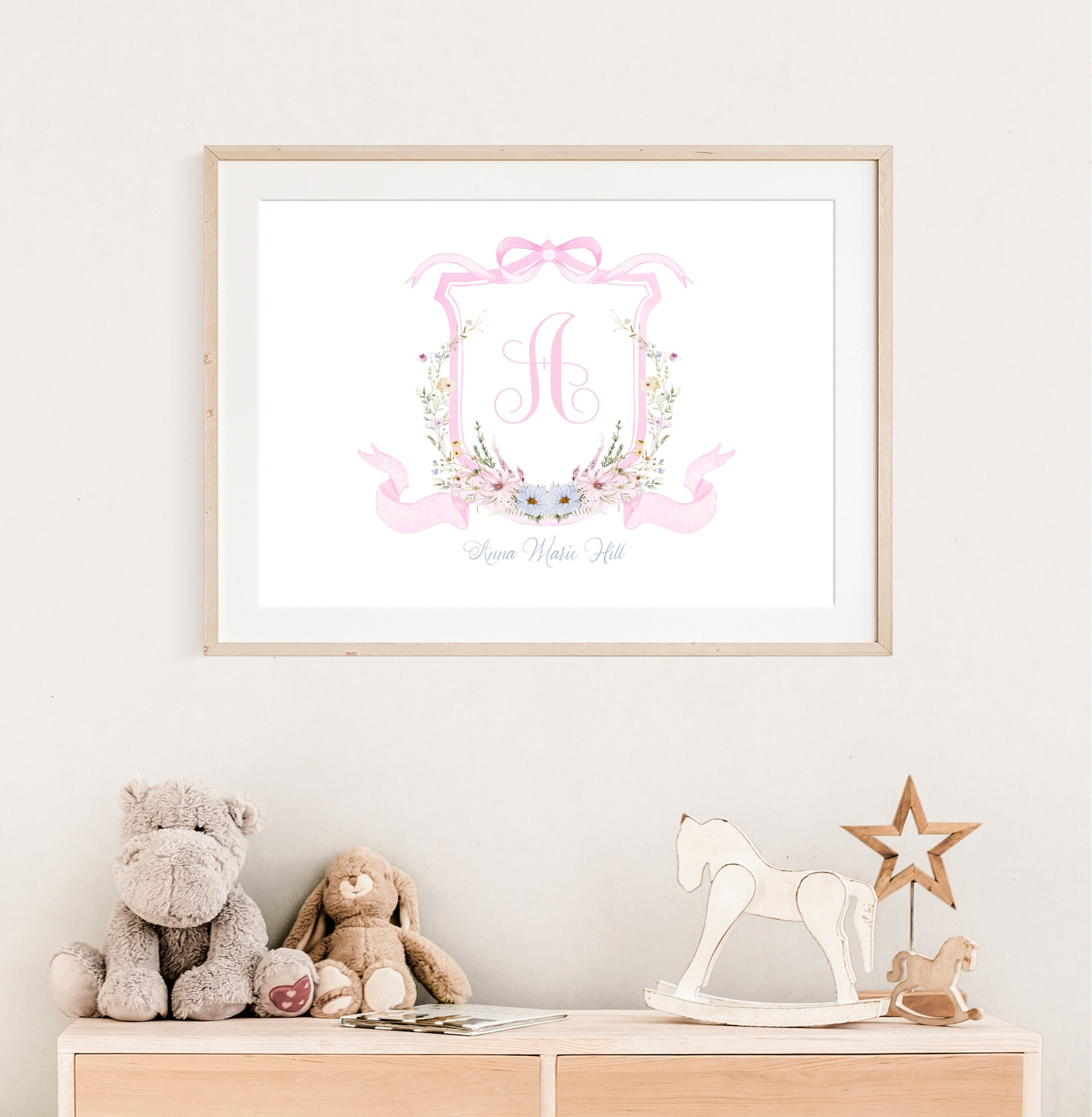 Floral Monogram Pink Crest Wall Art, Monogram Girl Nursery Decor ...