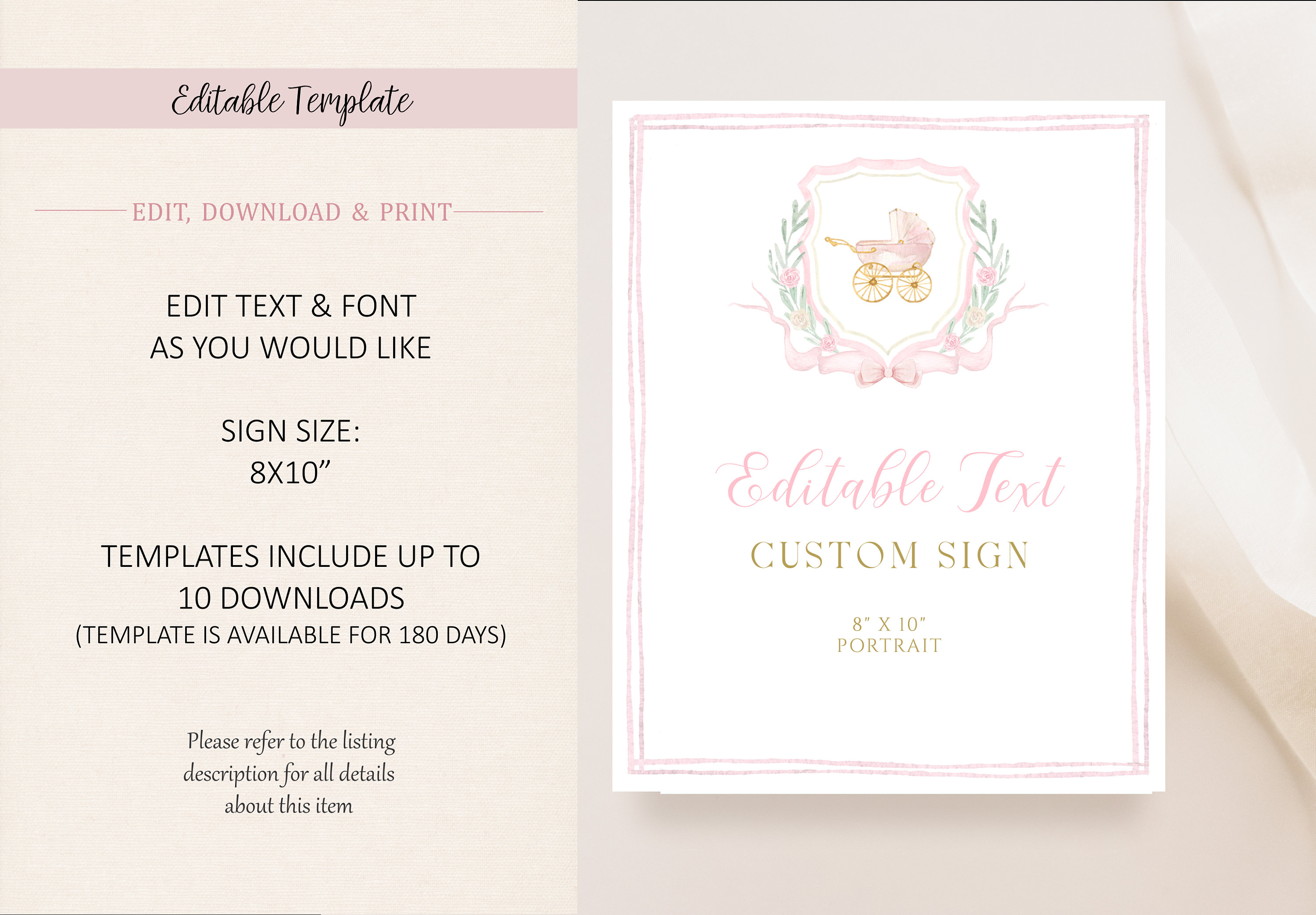 Watercolor Pink Crest Baby Shower Sign Editable Sign 8x10 - Etsy