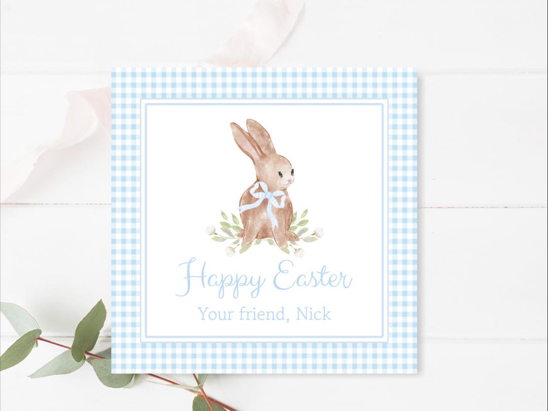 Easter Tag, Easter Basket Tag, Blue Gingham Easter, Bunny Blue Bow Tag ...