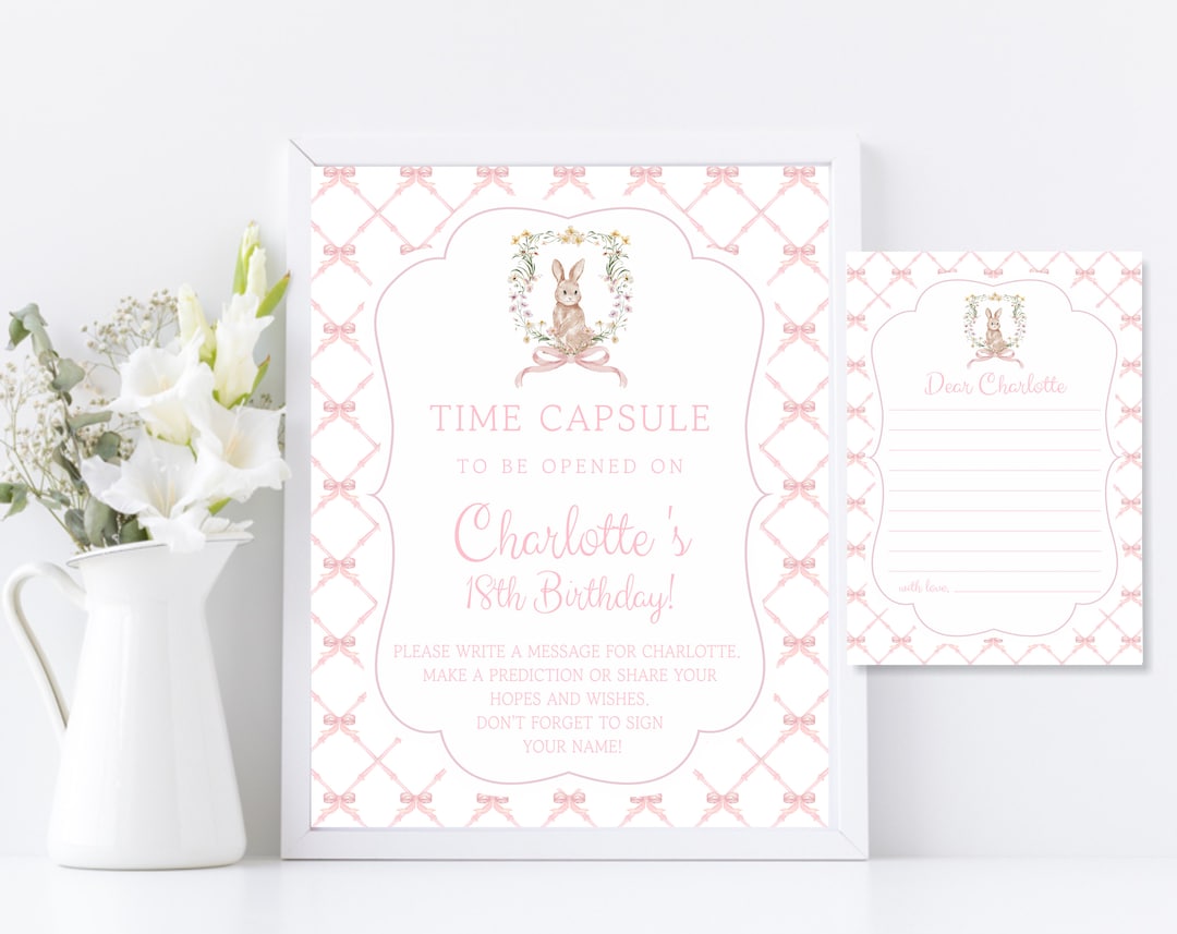 Bunny Time Capsule Sign, Watercolor Bunny Girl 1st Birthday, Pink Bow ...