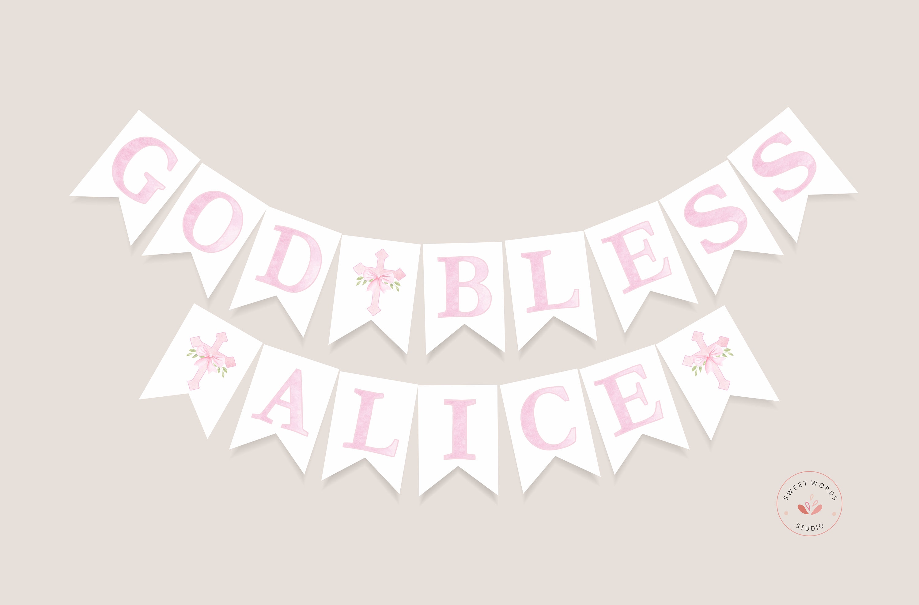 Watercolor Baptism Banner, Pink Cross, God Bless Baptism Banner, First ...