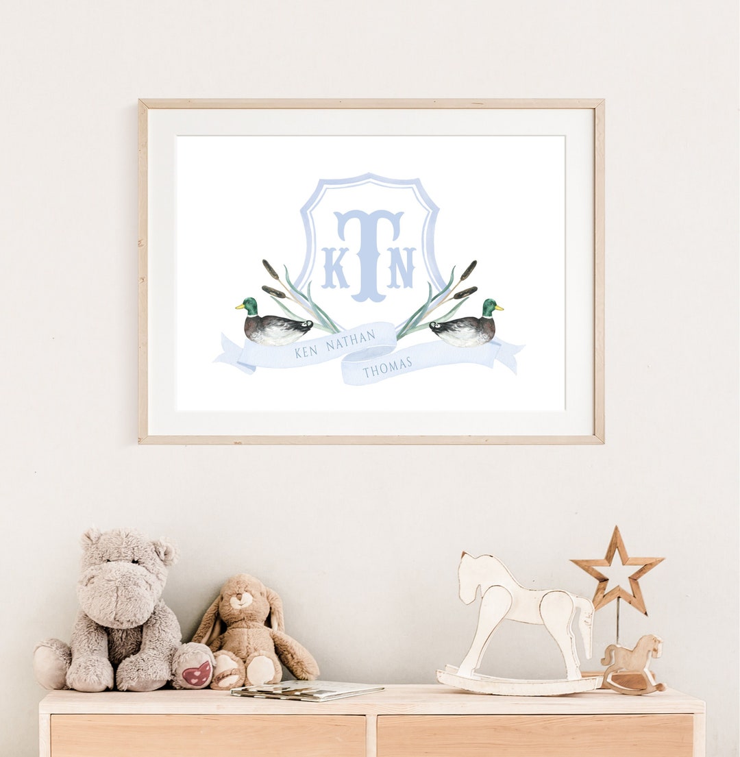 Mallard Duck Blue Crest Monogram Print, Watercolor Duck Boy Nursery ...