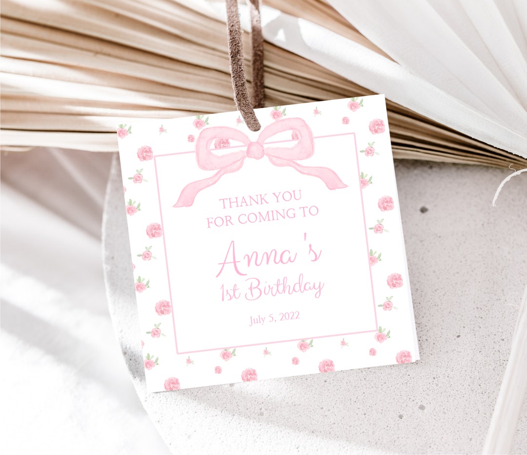 Girl 1st Birthday Tag, Birthday Thank You Tag, Pink Bow Birthday ...