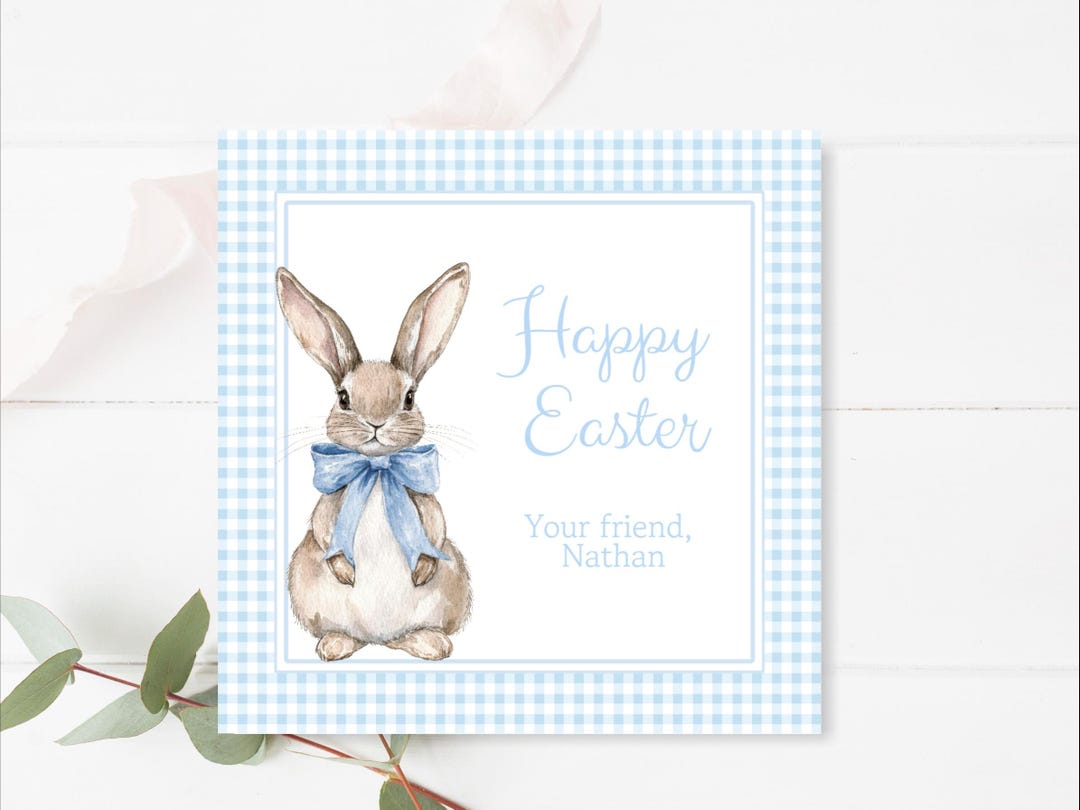Easter Tag, Easter Basket Tag, Blue Gingham Easter, Bunny Blue Bow Tag ...