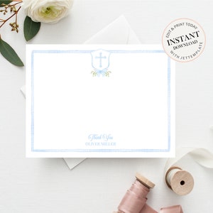 Printable Baptism Thank You Note Cards, Baptism Stationery, Blue Cross ...