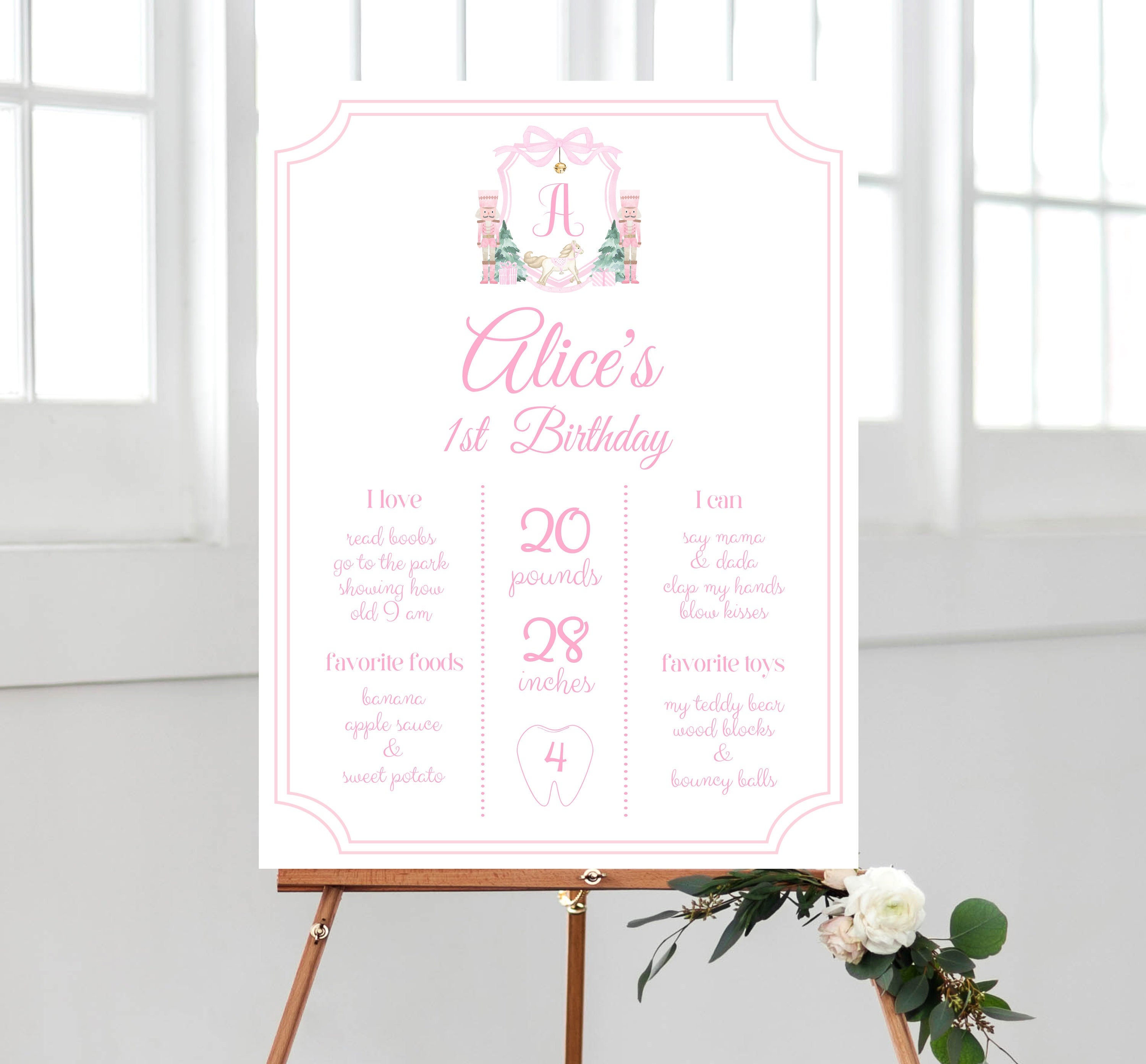 First Birthday Nutcracker Milestone Sign, Pink Nutcracker Crest ...