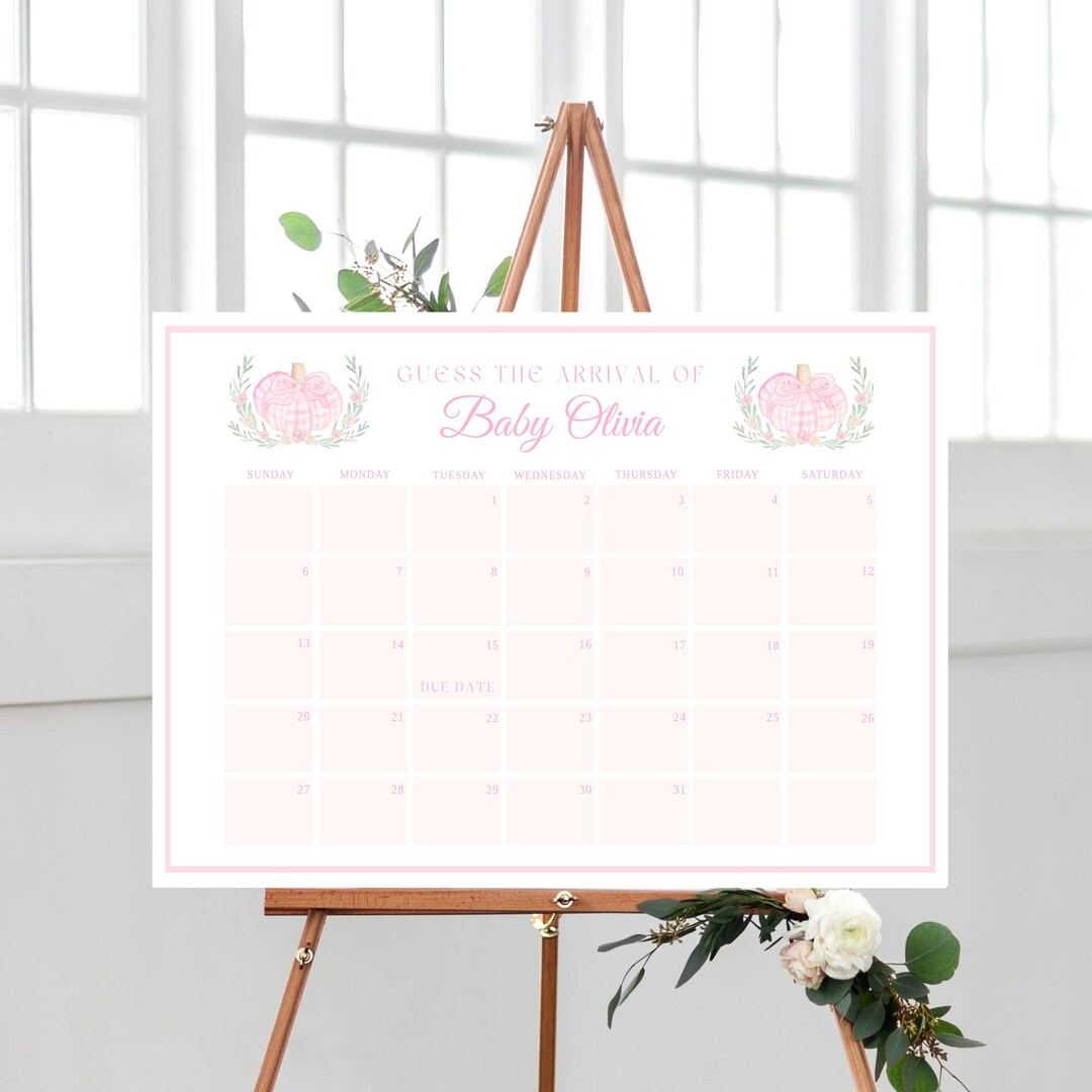 Girl Baby Shower Due Date Calendar, Guess Baby Birth Date, Pink Gingham ...