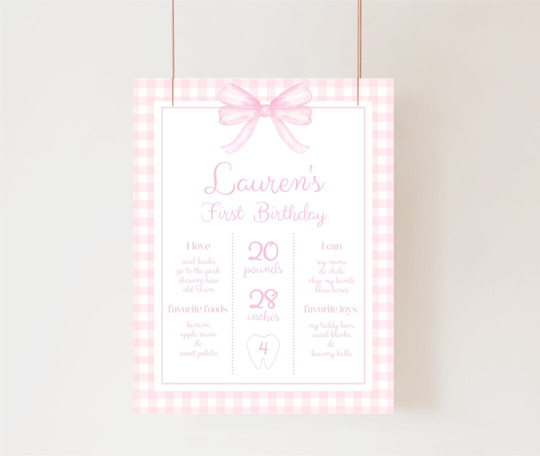 First Birthday Milestone Sign, Pink Gingham Bow Party, Girl 1st ...