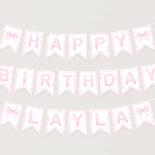 Pink Bow Happy Birthday Banner Printable Download Baby Name - Etsy
