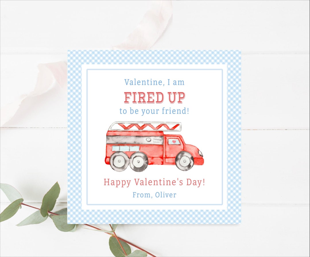 Printable Fire Truck Valentines Day Tag, Valentines Cards for Kids ...