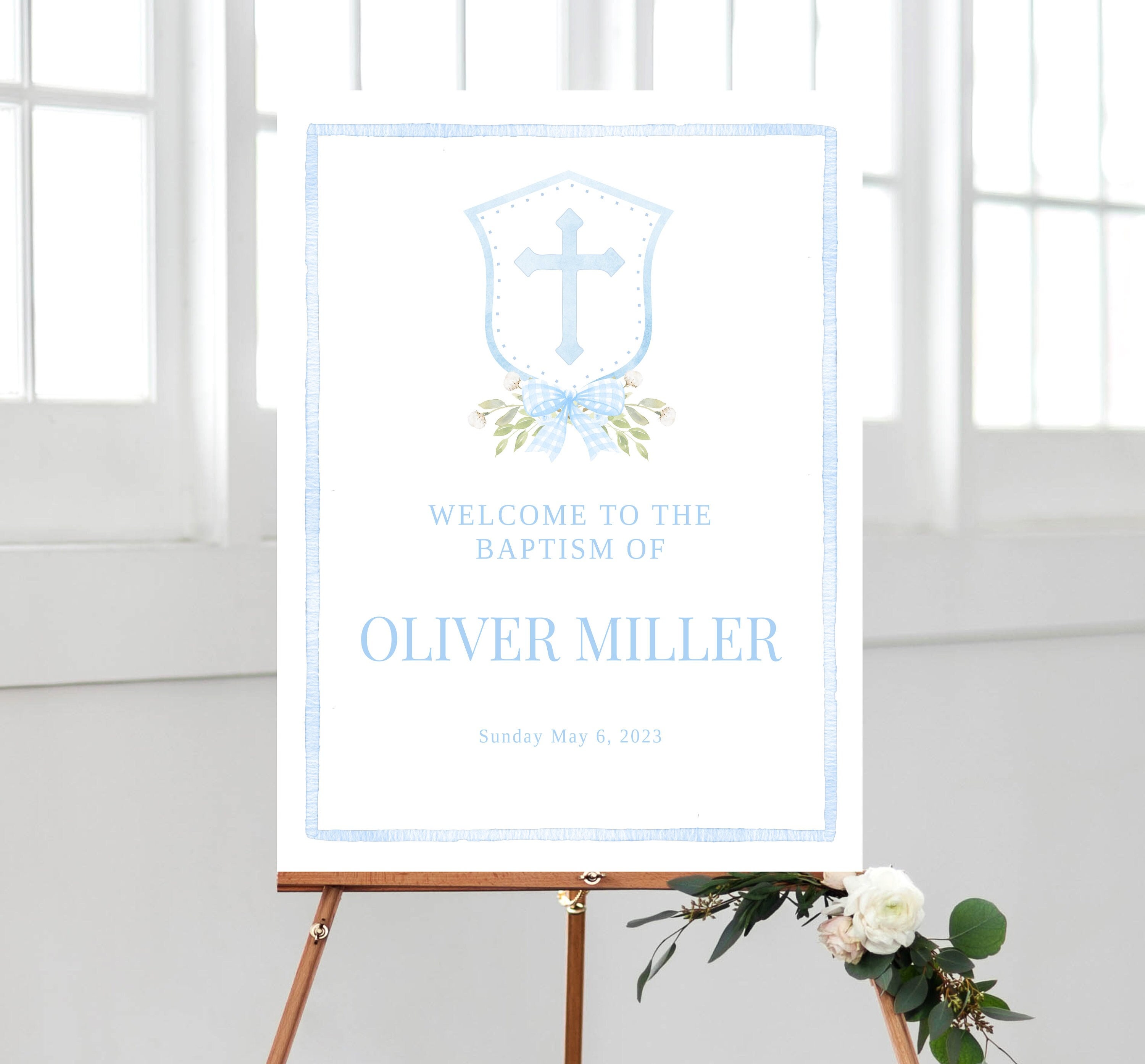 Baptism Welcome Sign, Watercolor Crest, Blue Cross Baptism Poster, Baby ...