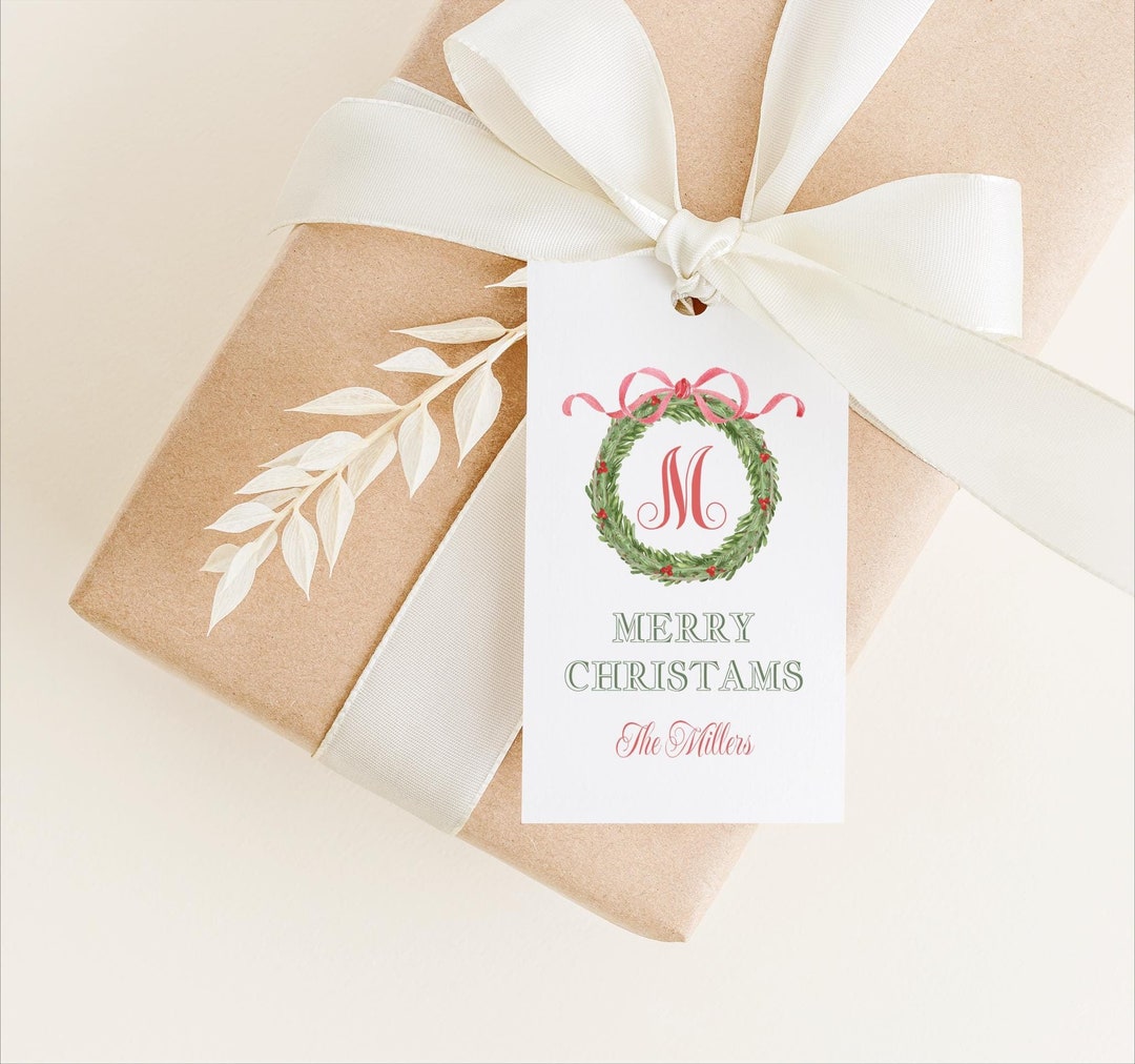 Wreath Monogram Christmas Gift Tags, Printable Holiday Gift Tag, Merry ...
