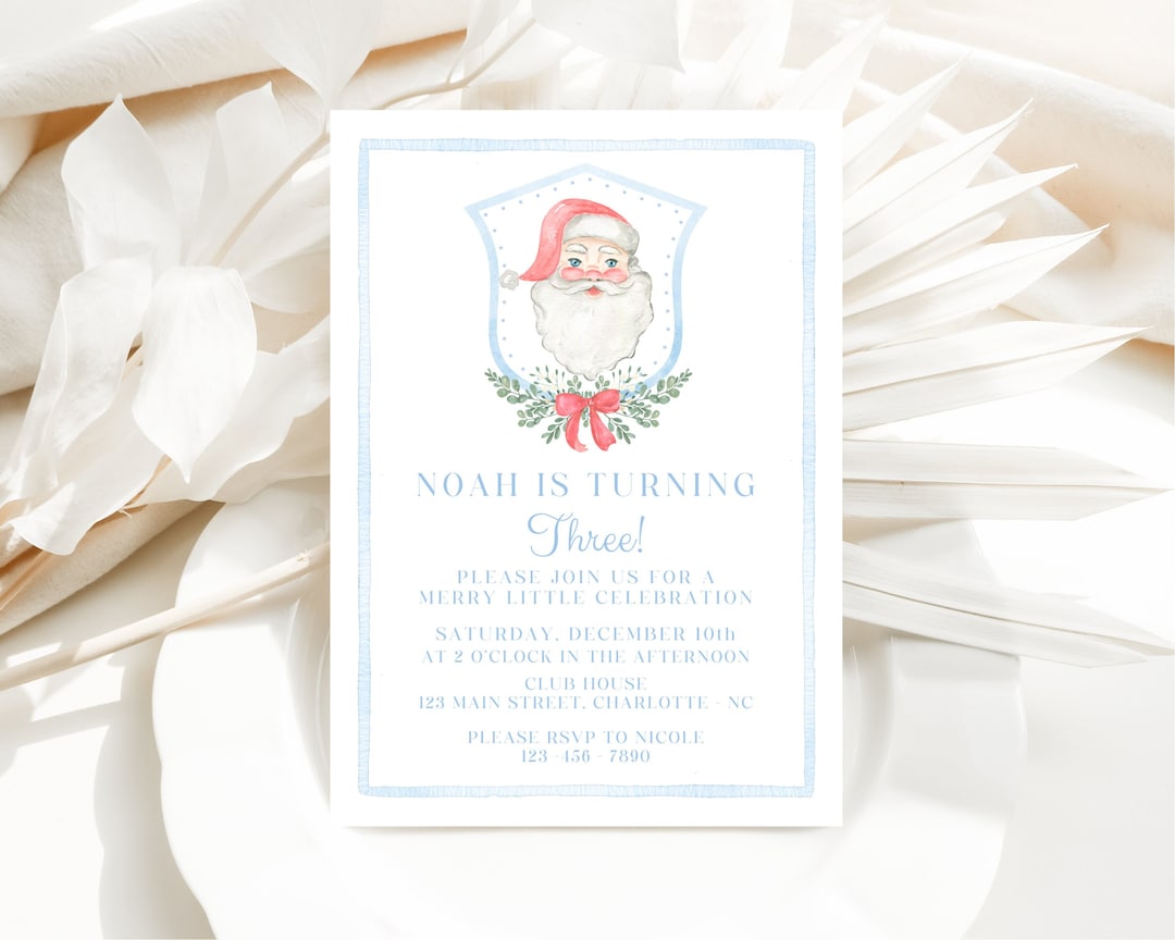 Santa Crest Birthday Invitation, Christmas Boy Birthday Invite, Holiday ...
