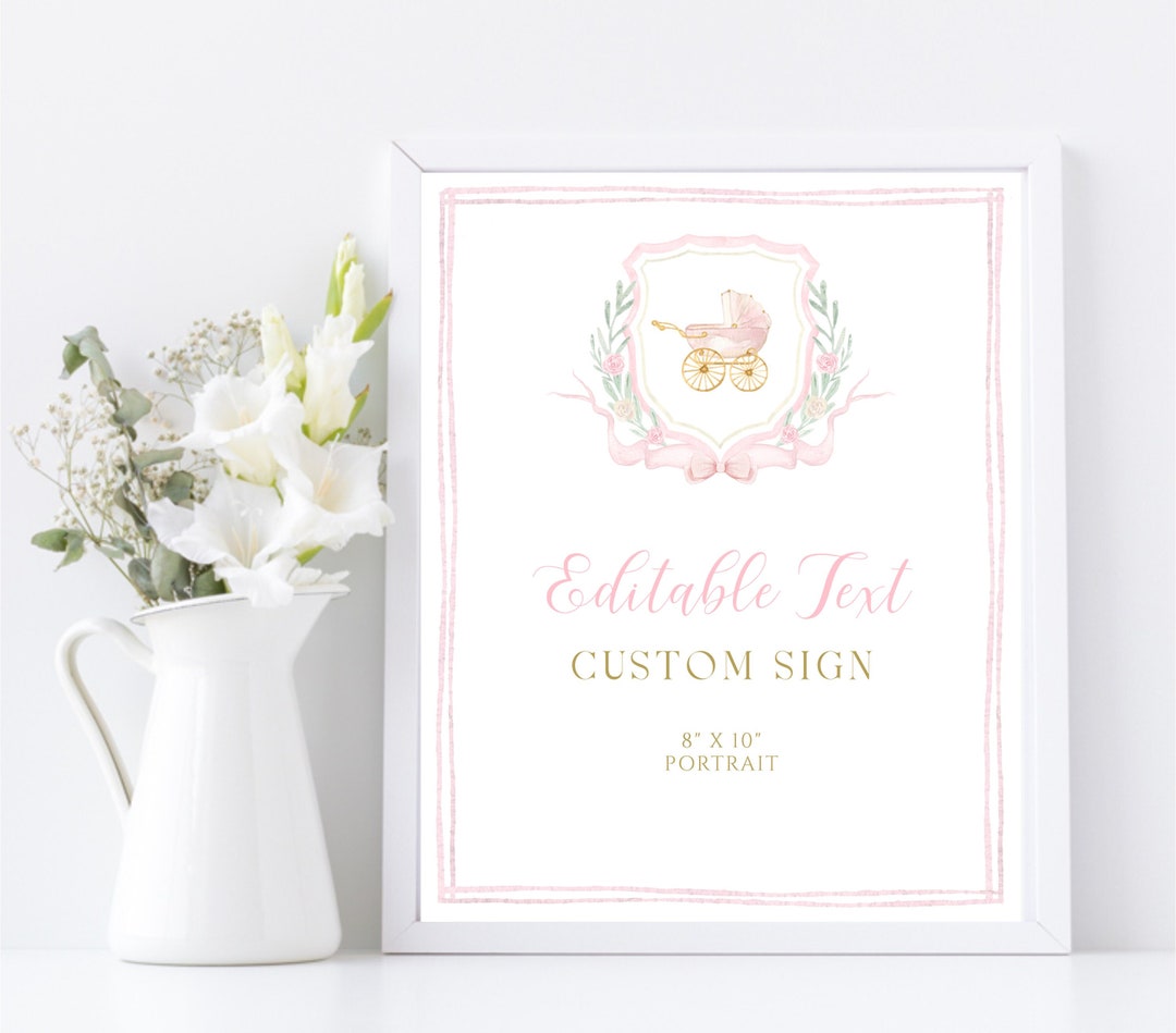 Watercolor Pink Crest Baby Shower Sign, Editable Sign 8x10, Girl ...
