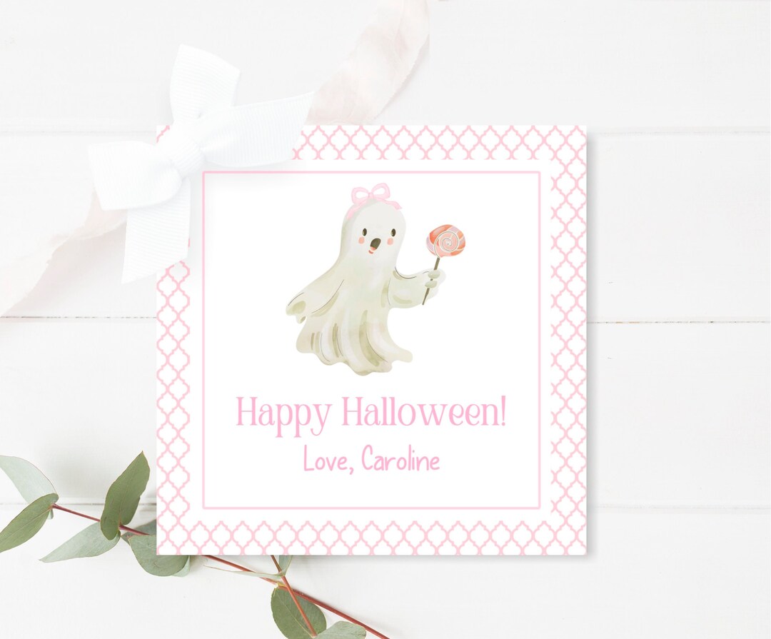 Pink Halloween Gift Tag, Girl Ghost Halloween Favor Tag Template ...