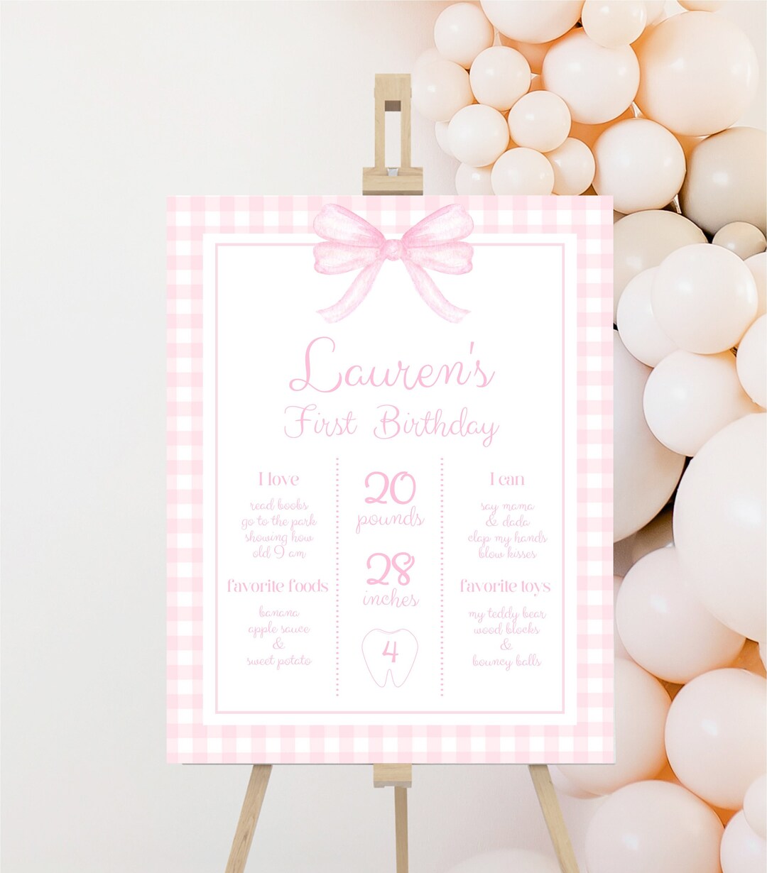First Birthday Milestone Sign, Pink Gingham Bow Party, Girl 1st ...