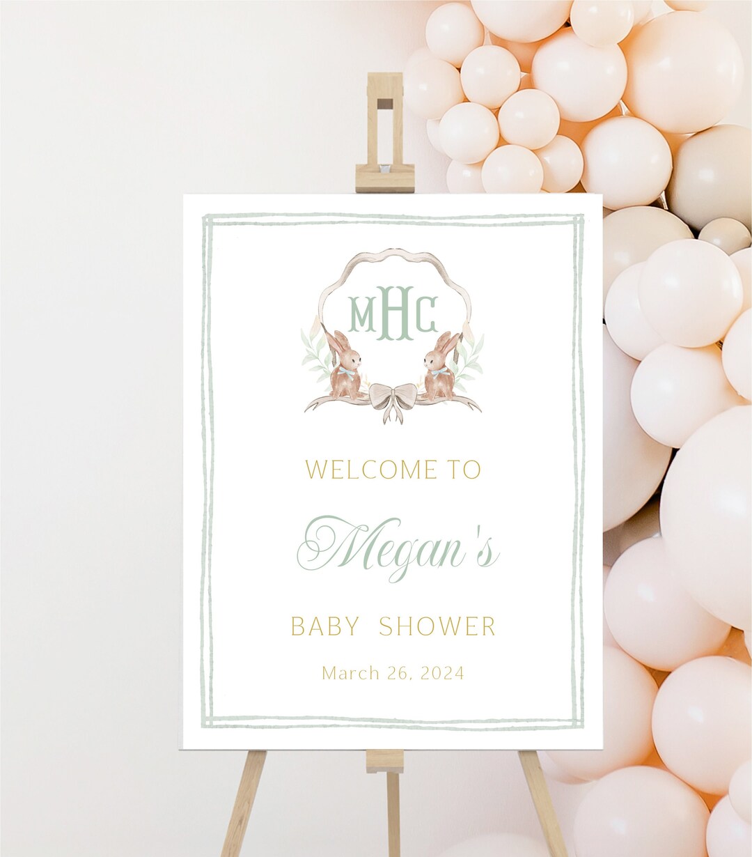 Bunny Baby Shower Gender Neutral Welcome Sign, Crest Monogram Baby ...