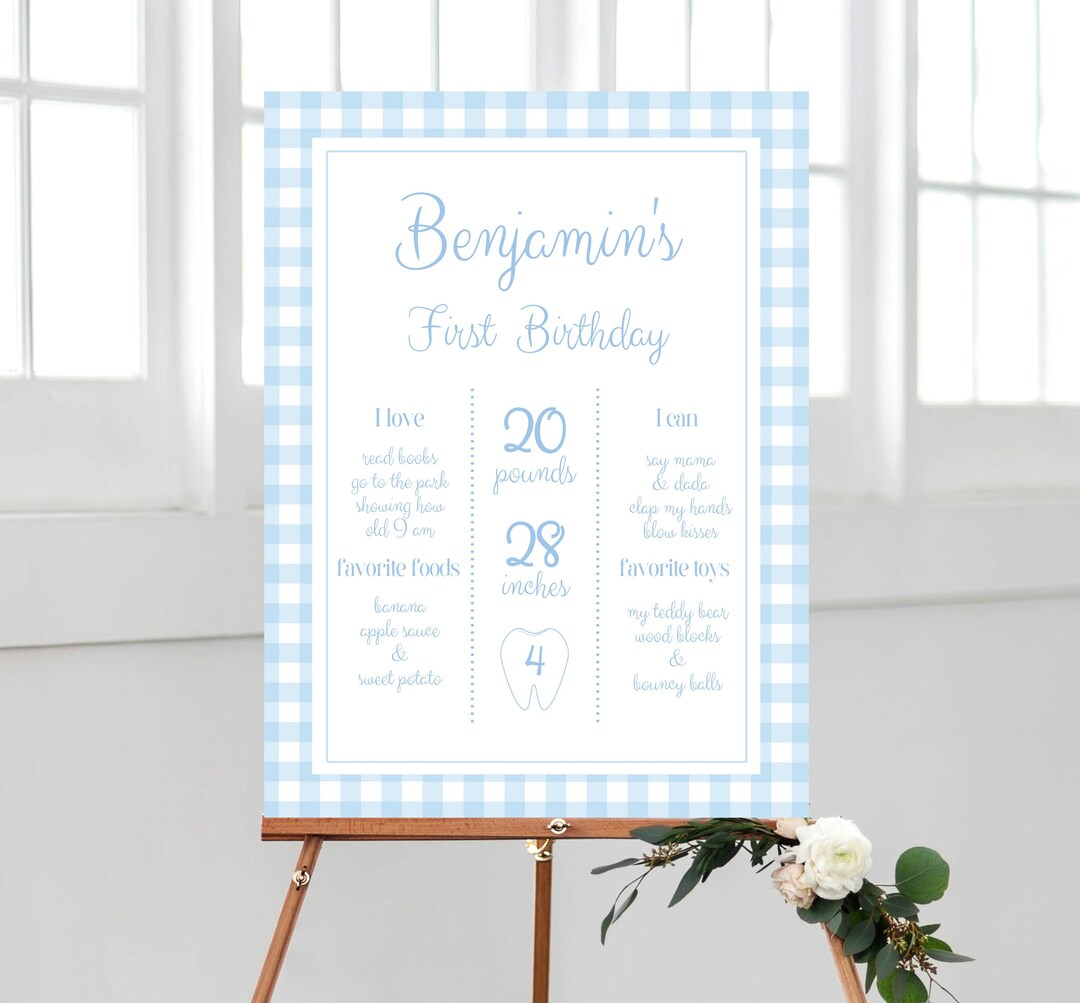 Boy First Birthday Milestone Sign, Blue Gingham Party, Boy 1st Birthday ...
