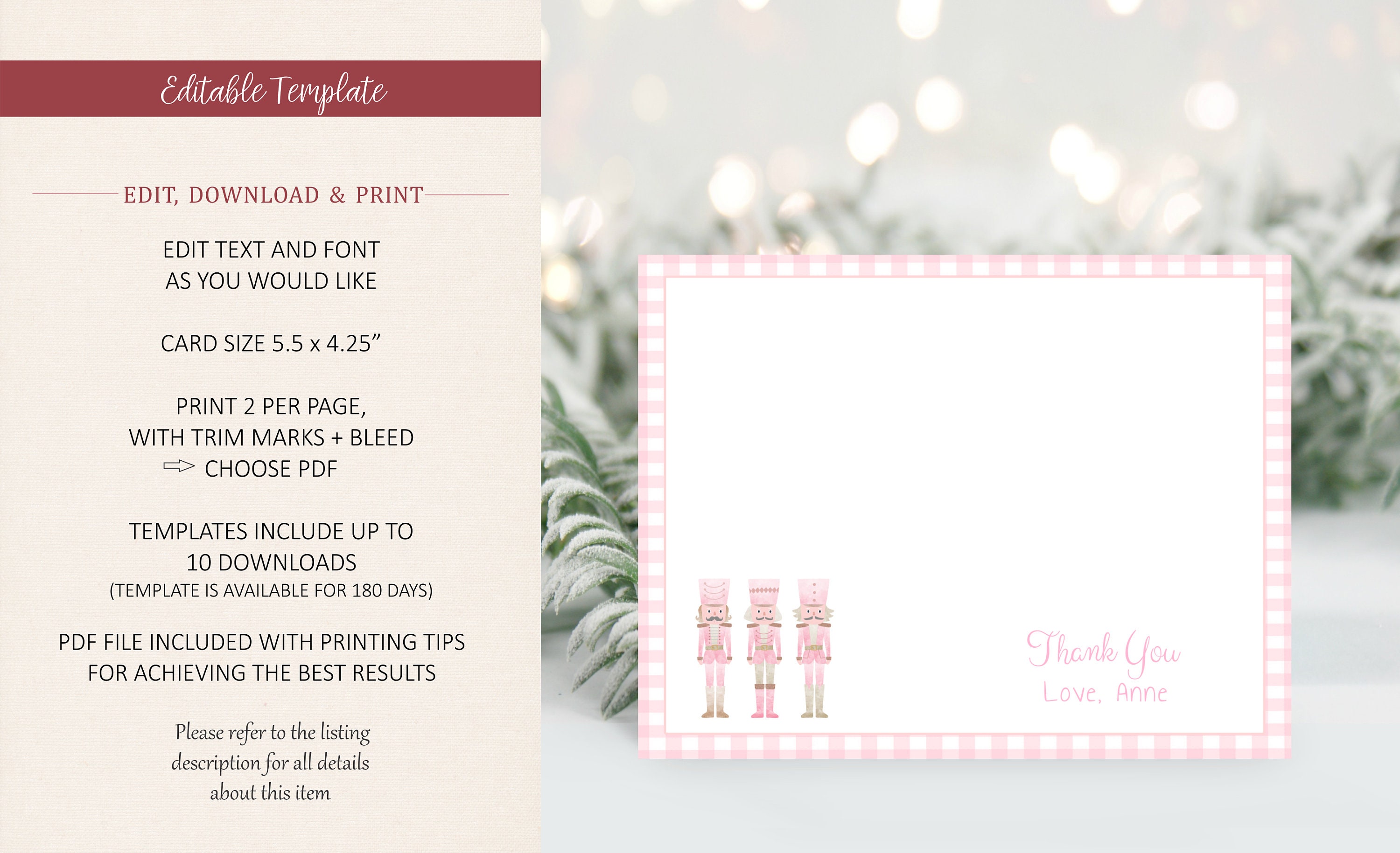 Printable Pink Nutcracker Christmas Note Cards, Holidays Thank You ...