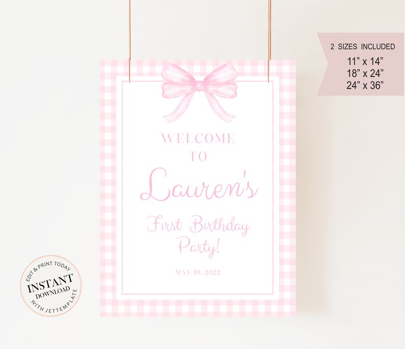Pink Gingham Birthday Welcome Sign 1st Birthday Welcome - Etsy