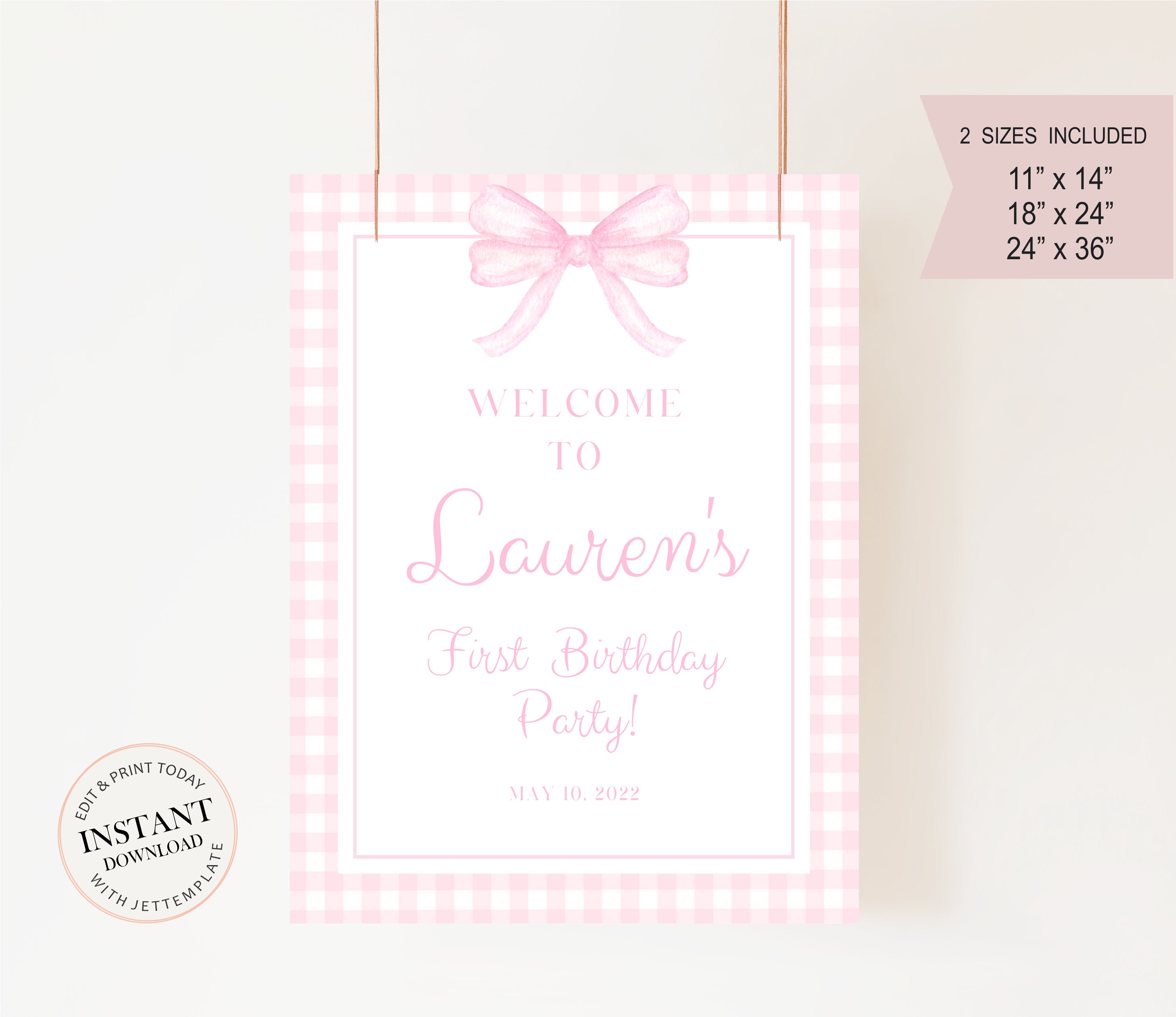 Pink Gingham Birthday Welcome Sign 1st Birthday Welcome - Etsy
