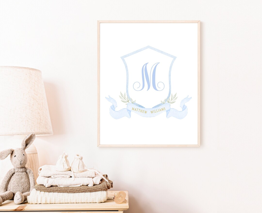 Boy Nursery Crest Monogram, Watercolor Blue Crest, Monogram Nursery ...