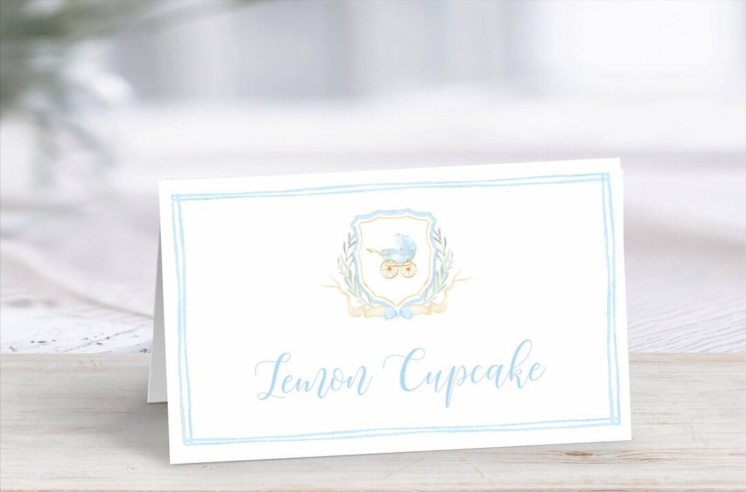 Blue Crest Food Label, Boy Baby Shower Decor, Blue Bow Table Tent ...