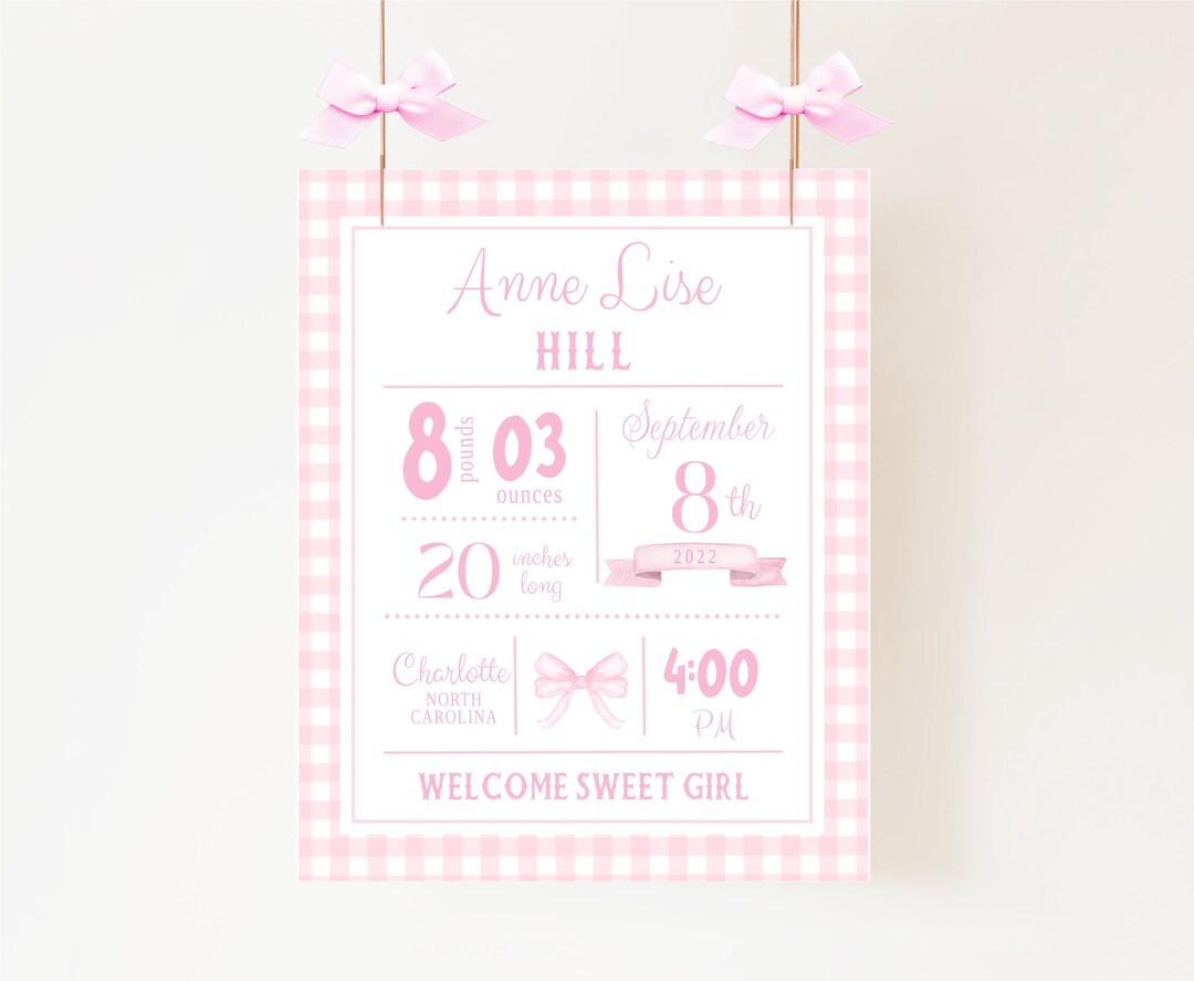 Baby Girl Birth Stats Sign, Printable Birth Announcement Sign, Pink Bow ...