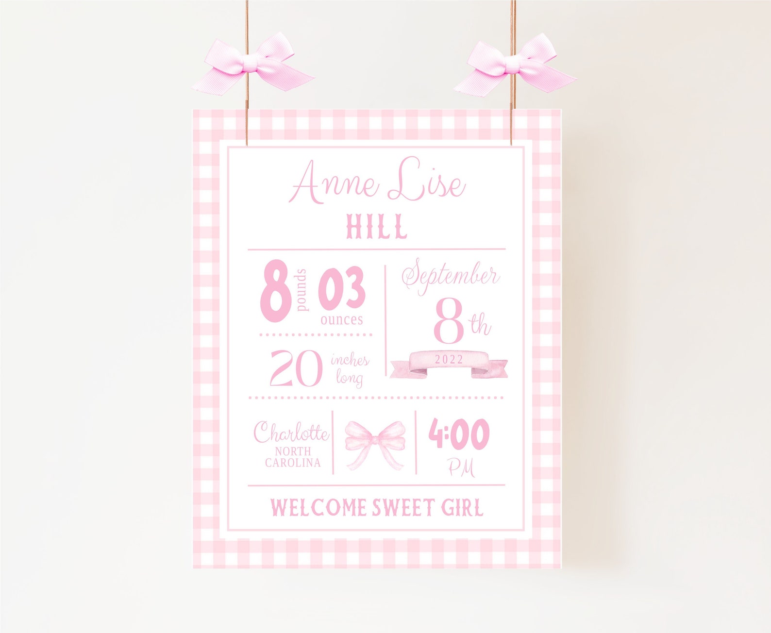 Baby Girl Birth Stats Sign, Printable Birth Announcement Sign, Pink Bow ...