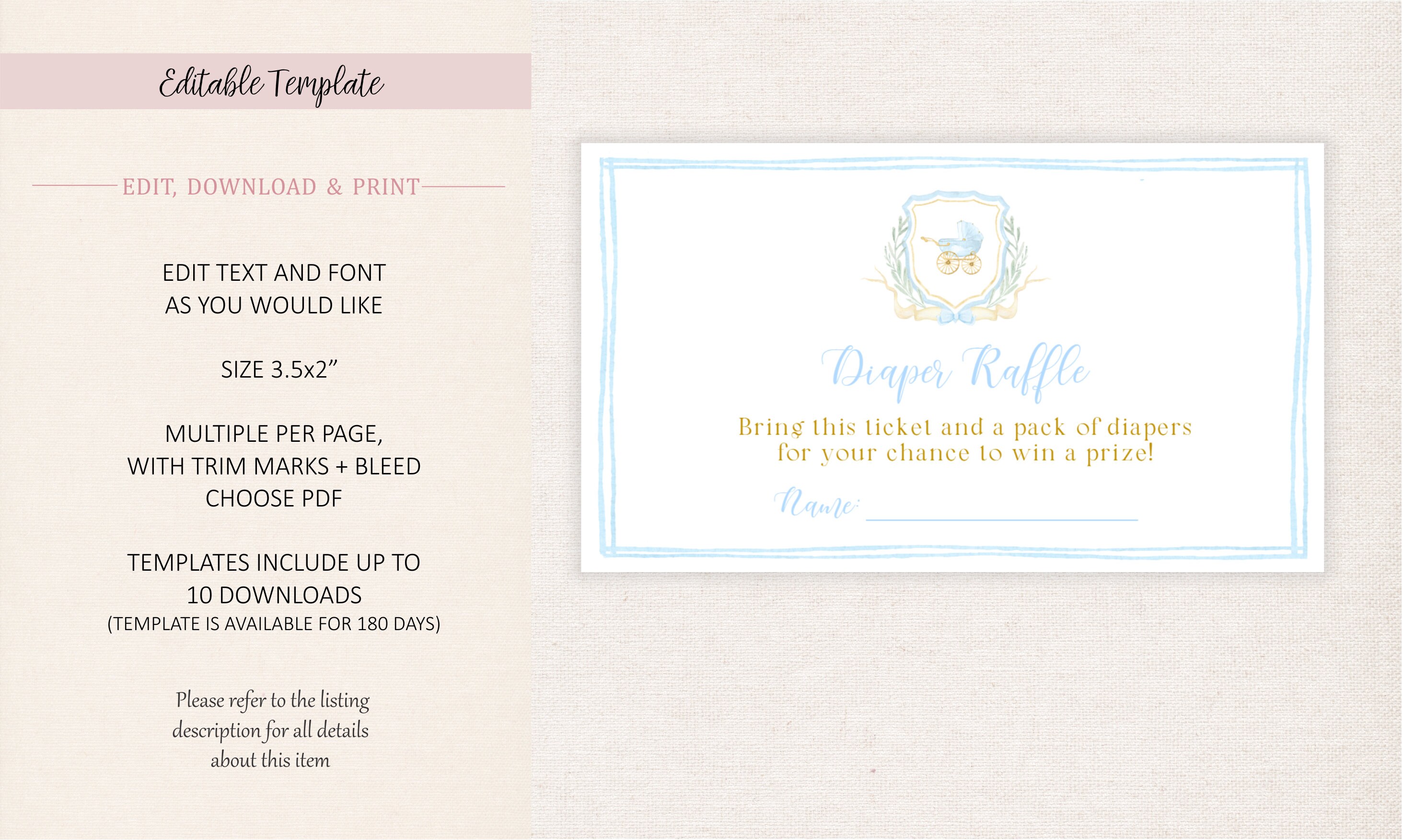 Blue Crest Diaper Raffle Card, Crest Baby Shower Invitation Insert, Boy ...