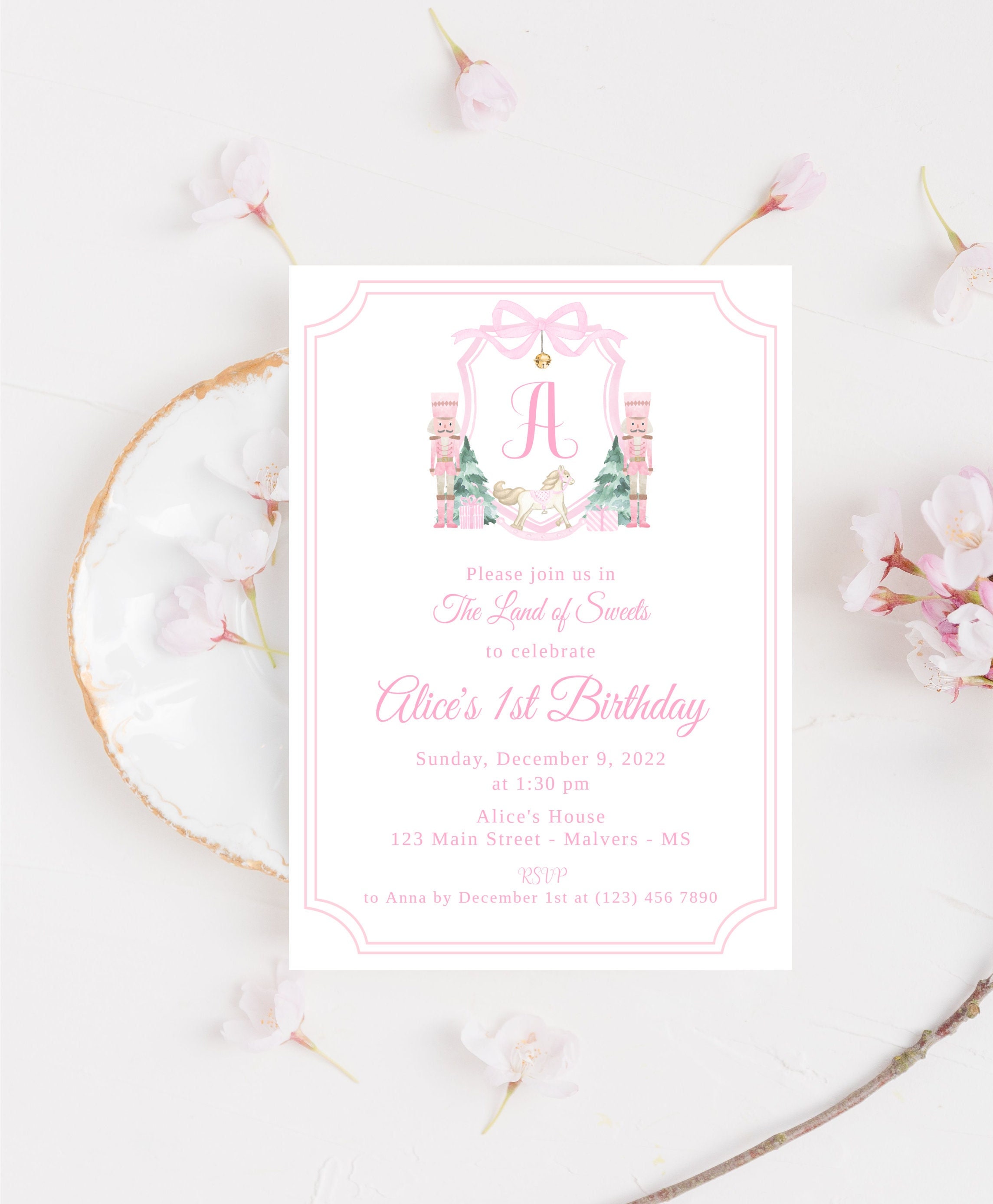 Pink Nutcracker Crest Invitation, Land of Sweets Birthday Invitation ...